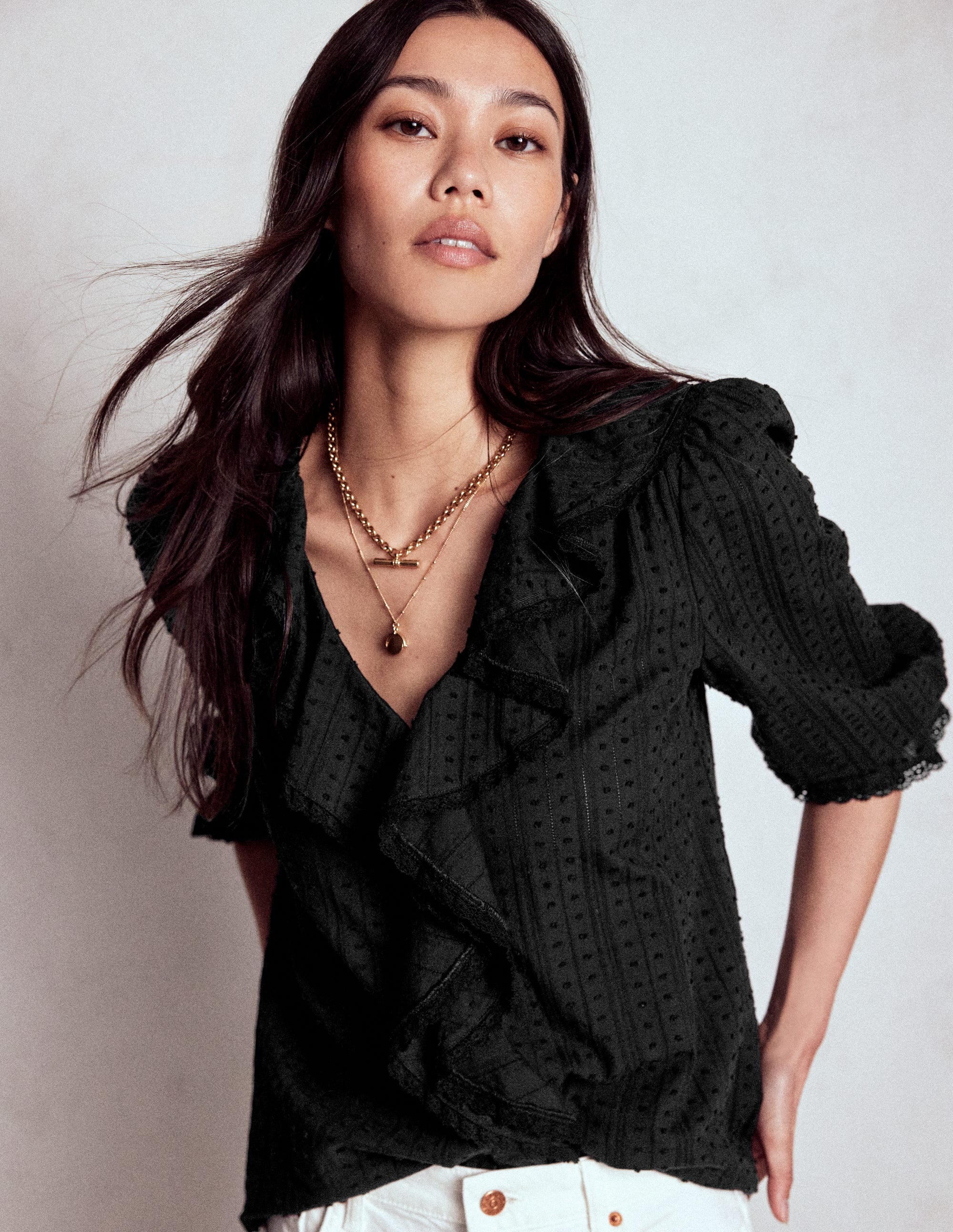 Ruffle V-Neck Blouse-Black | Boden AU