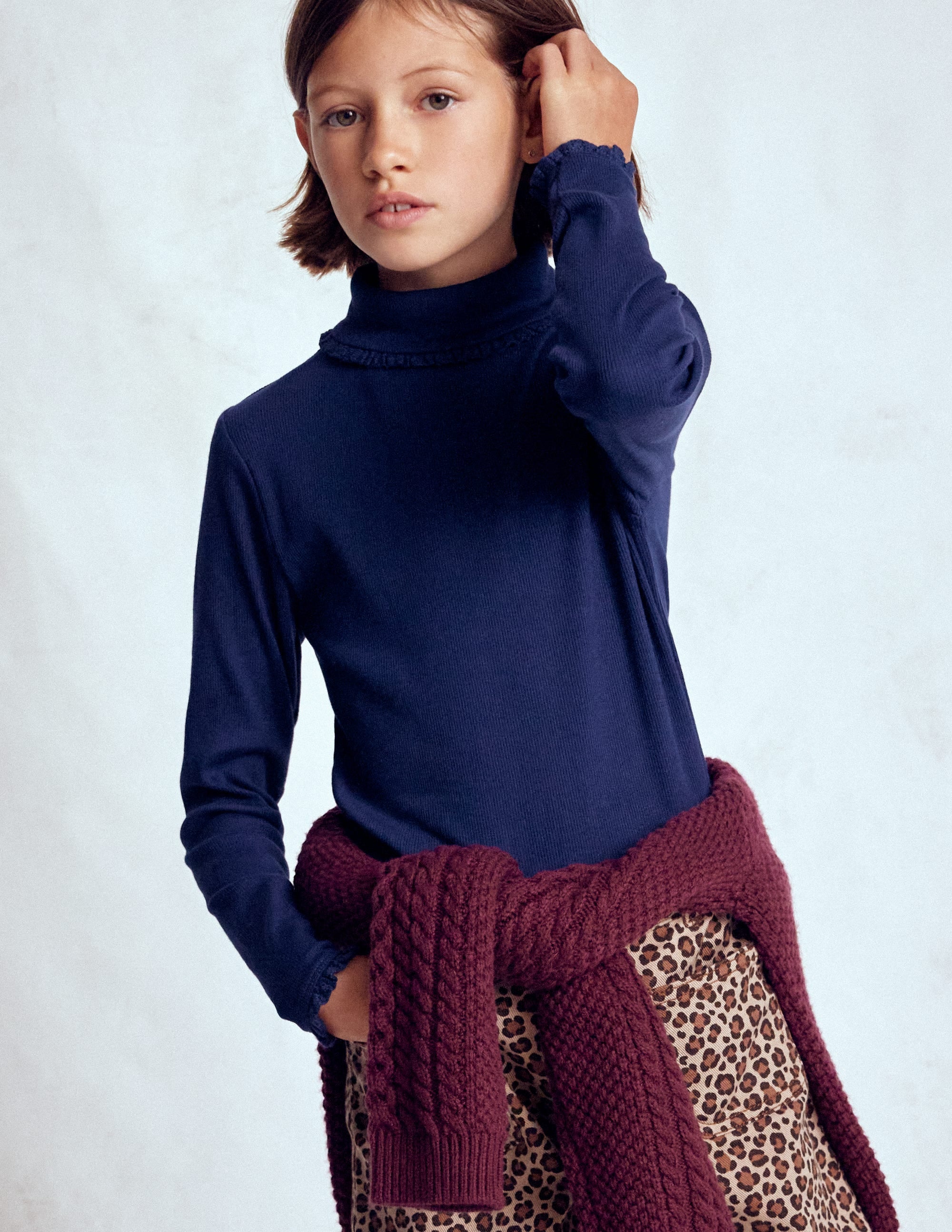 Ribbed Roll Neck Top-College Navy | Boden UK