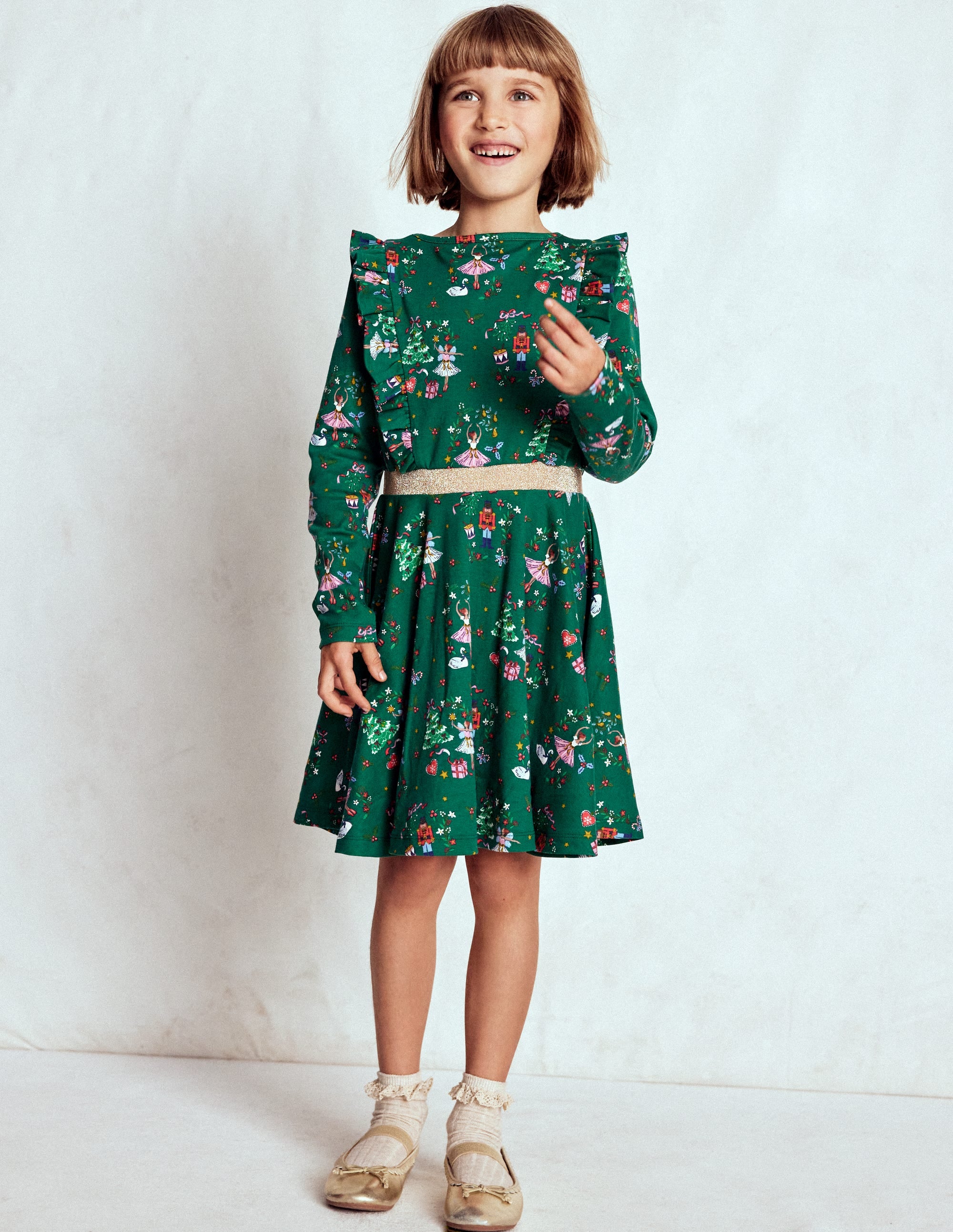 Cora Twirly Jersey Dress-Jewel Green Nutcracker | Boden UK