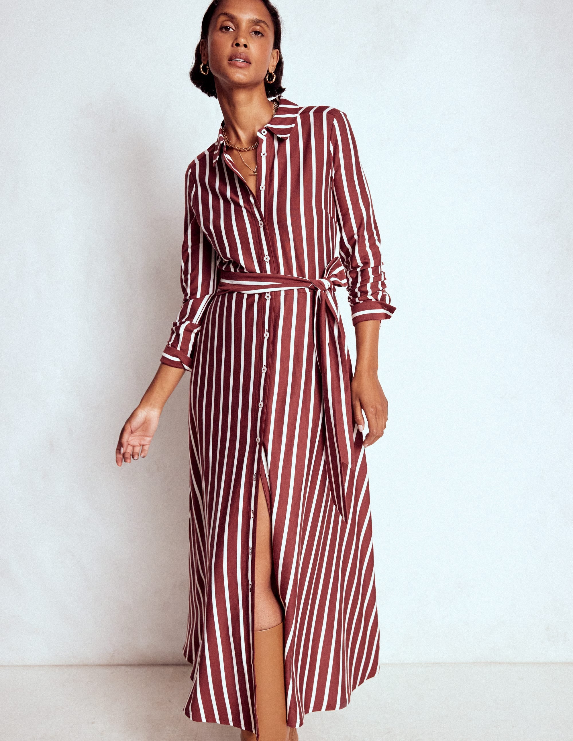 Marcia Jersey Shirt Dress-Chestnut and Ivory Stripe | Boden UK