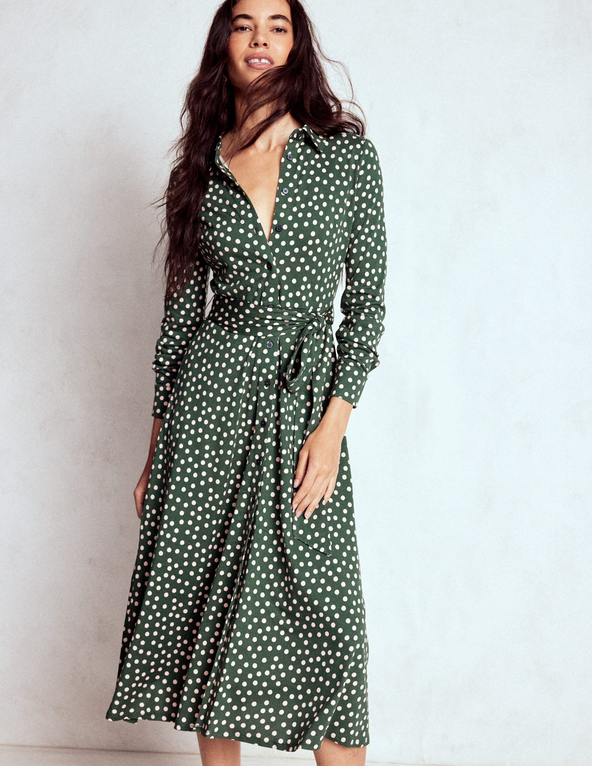 Marcia Jersey Shirt Dress-Hunter Green, Painted Dot | Boden UK