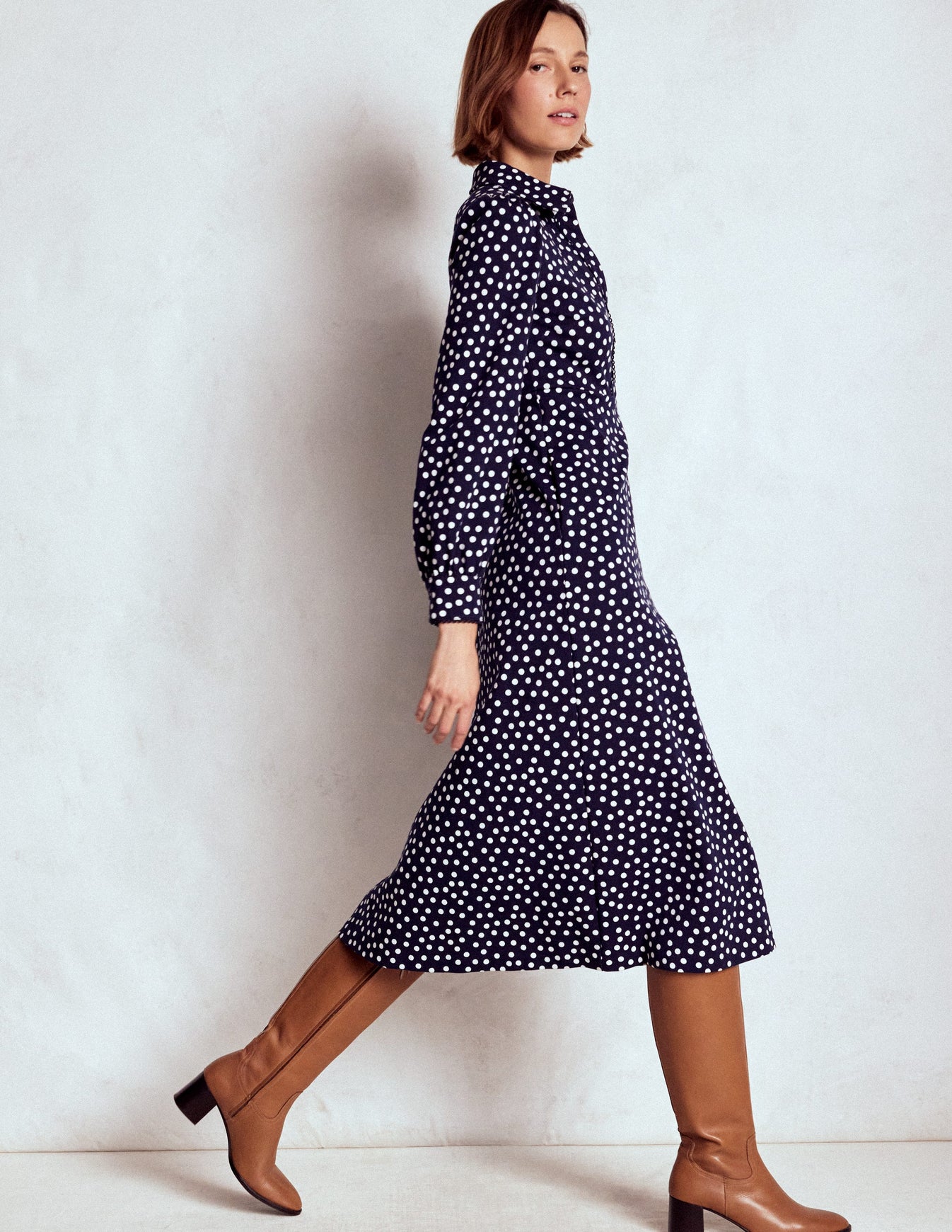 Pip Zip-Up Ponte Midi Dress-French Navy, Painted Dot | Boden UK