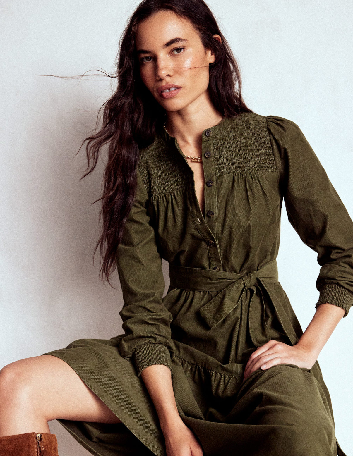 Cecily Cord Midi Dress-Woodland Green | Boden UK