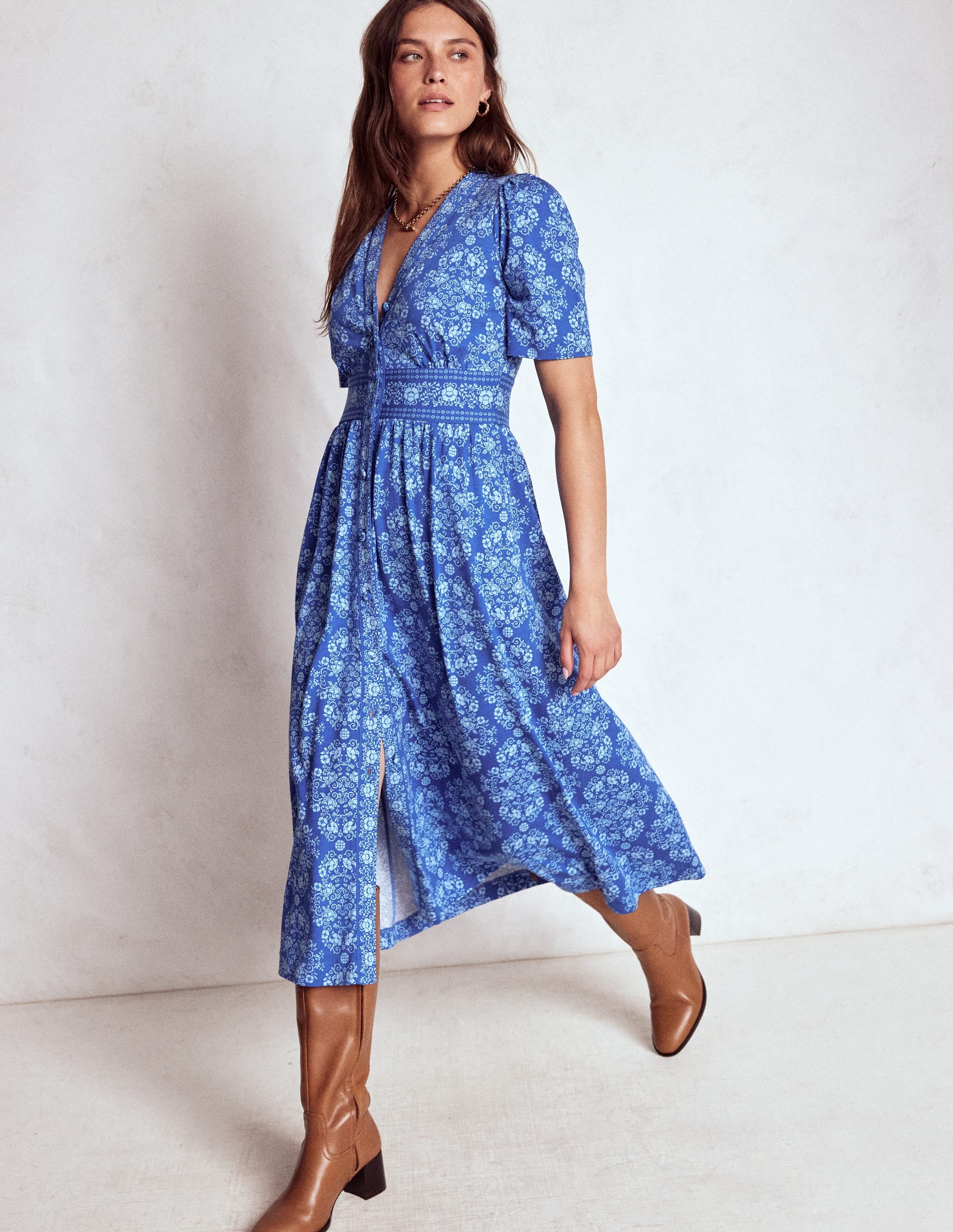 Natalia Jersey Tea Dress-Bright Blue, Ornamental | Boden UK