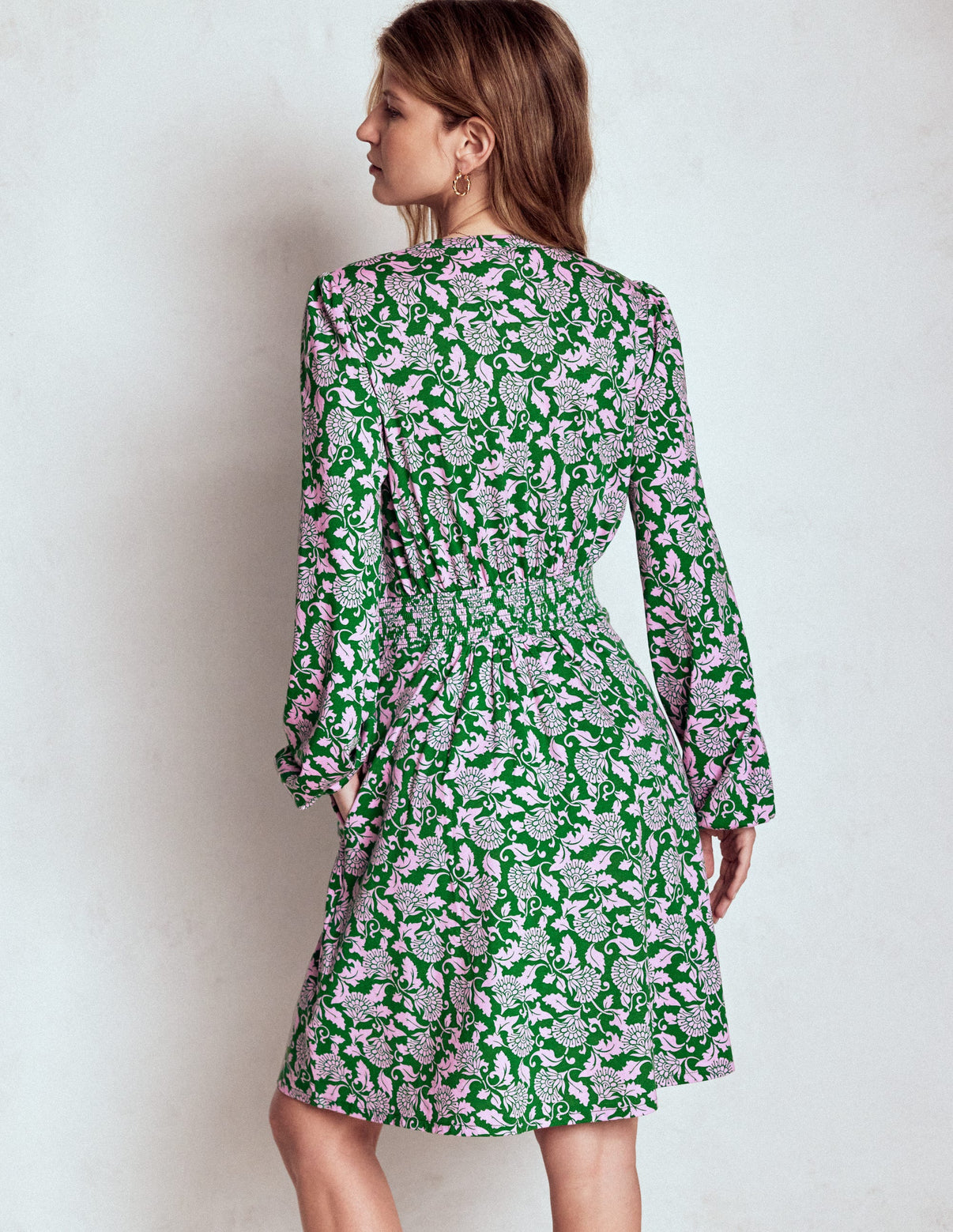 Sarah Short Jersey Dress-Rich Emerald, Ornate Vine | Boden UK