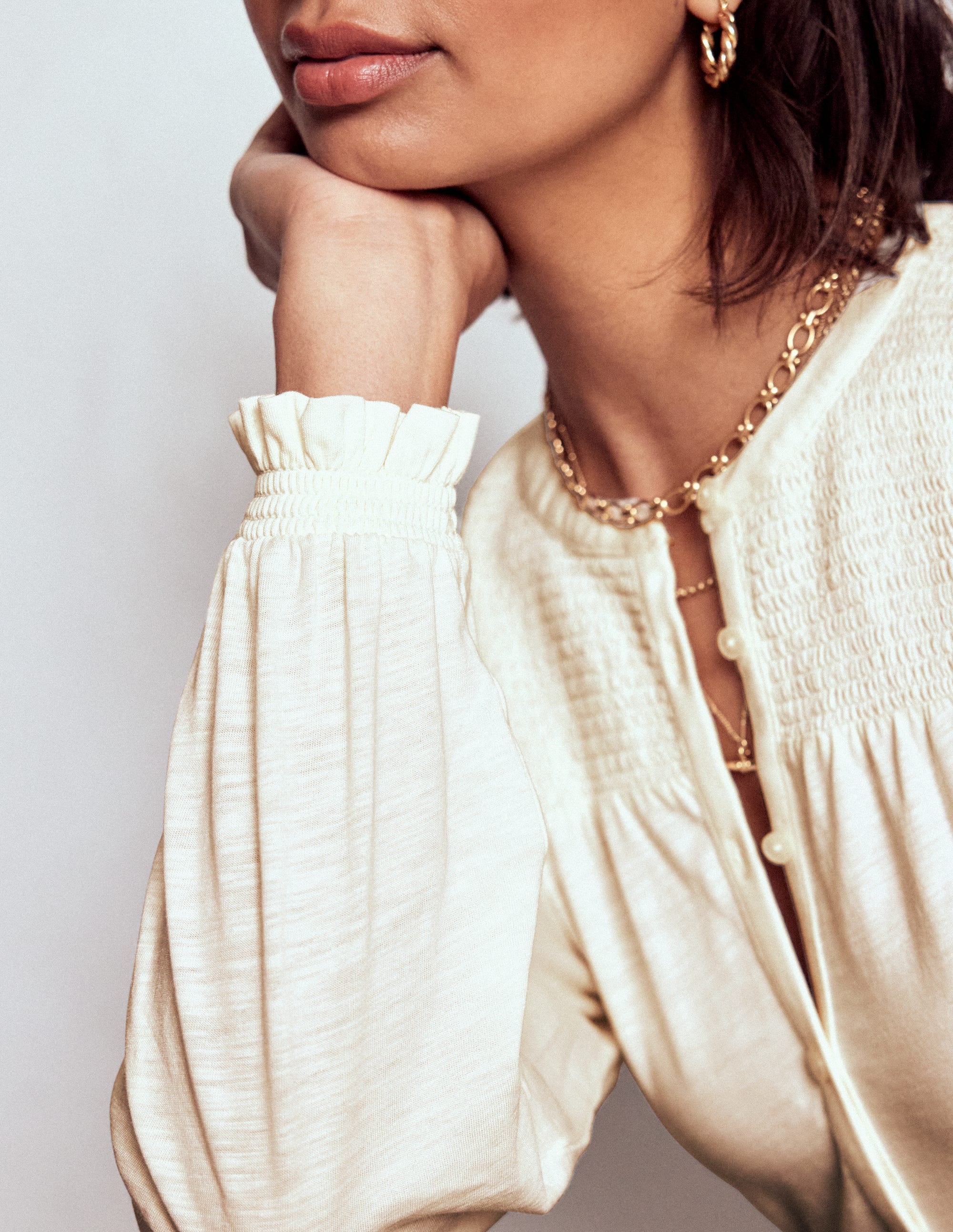 Elsa Smocked Yoke Jersey Shirt-Ivory | Boden UK