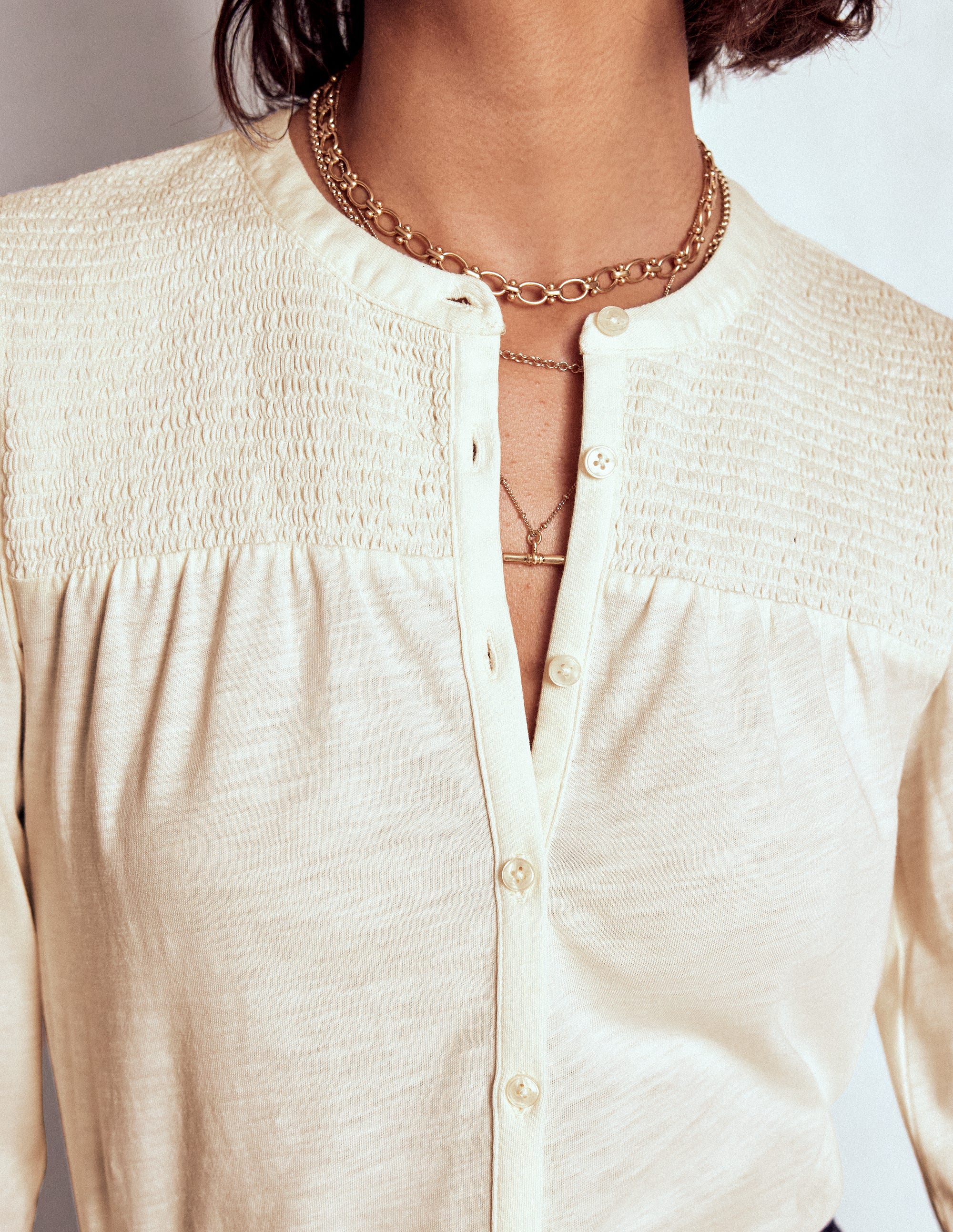 Elsa Smocked Yoke Jersey Shirt-Ivory | Boden UK