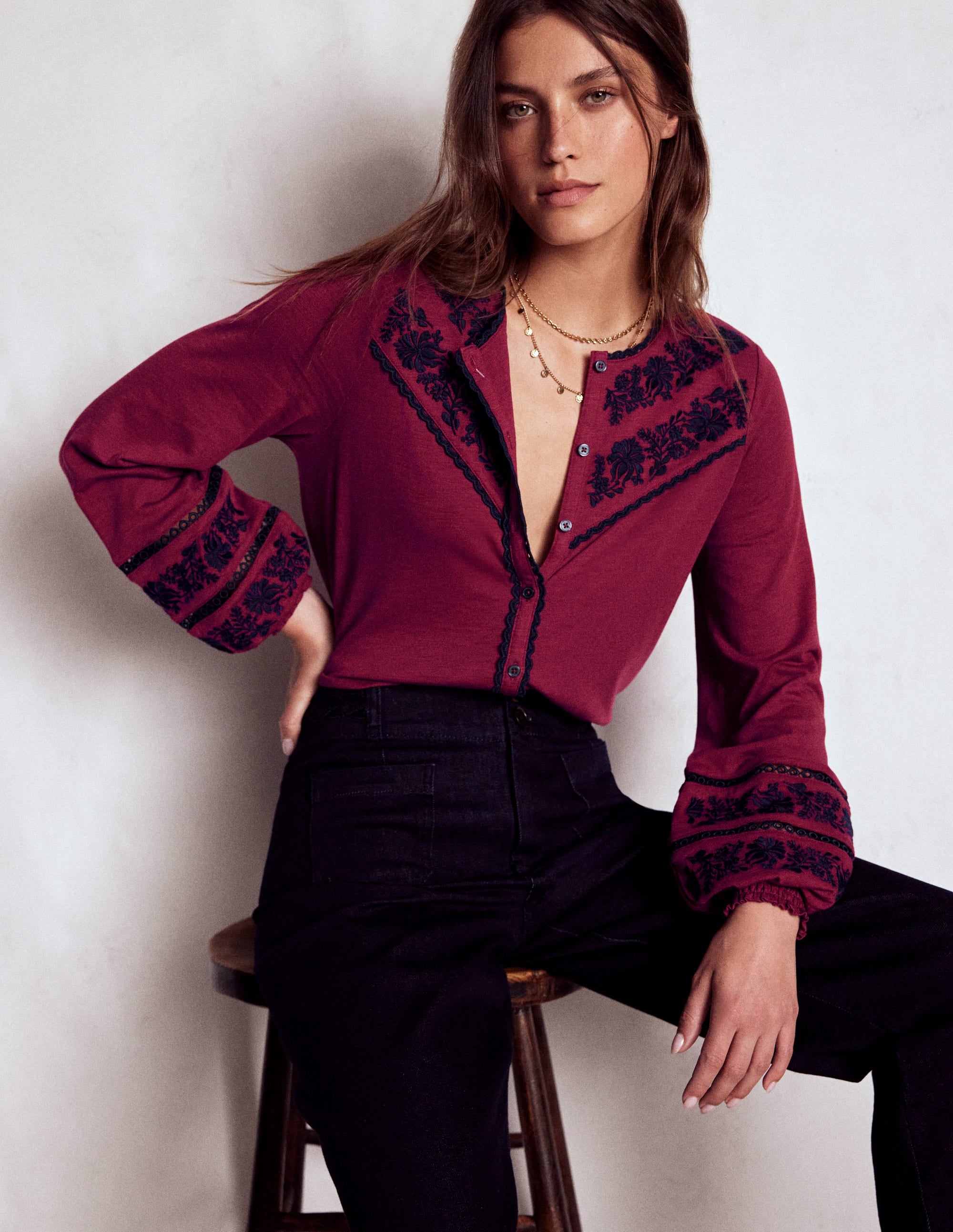Trim Detail Jersey Shirt-Rumba Red, Navy Emb | Boden UK