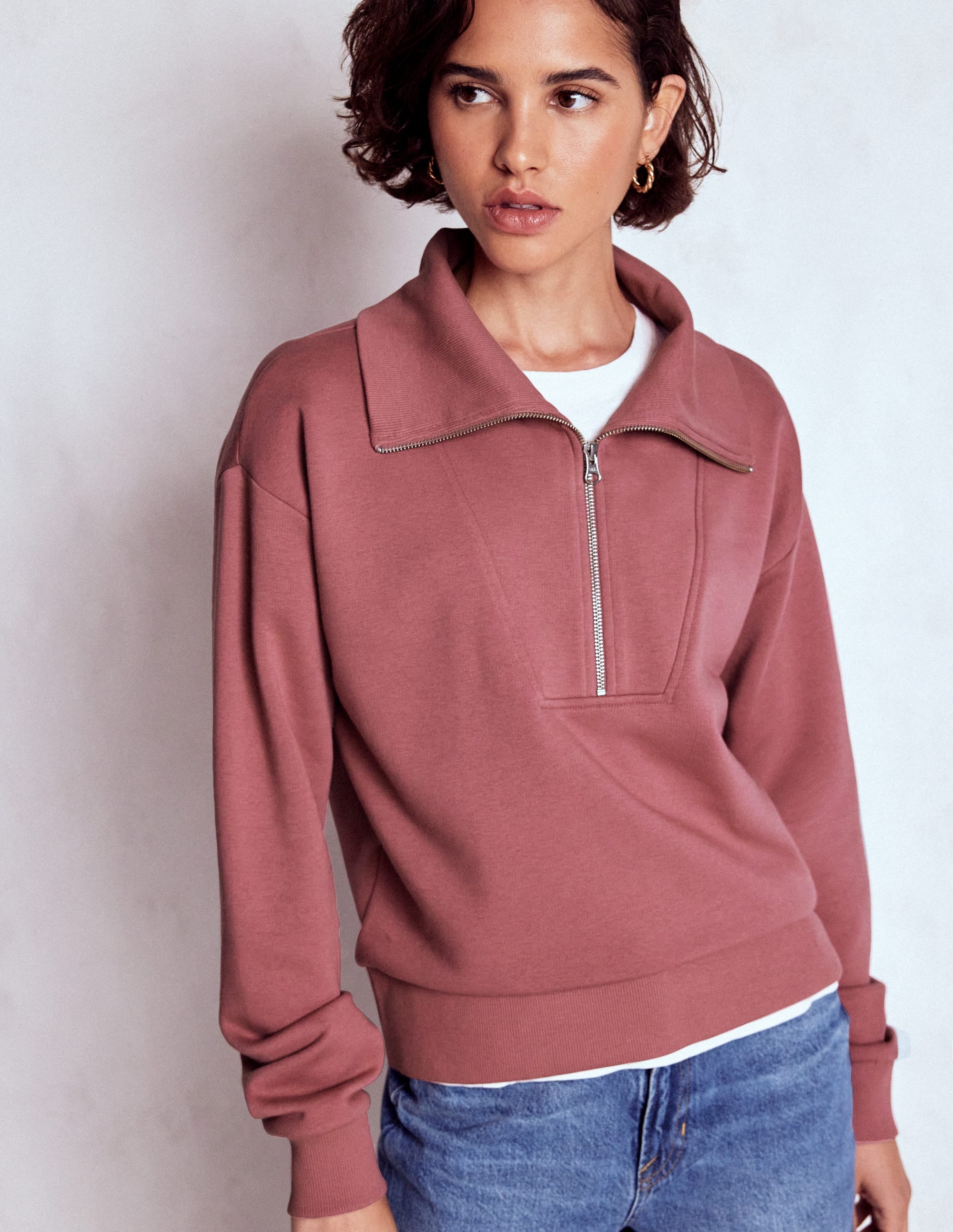 Panelled Half-zip Sweatshirt-Blushing Rose | Boden UK