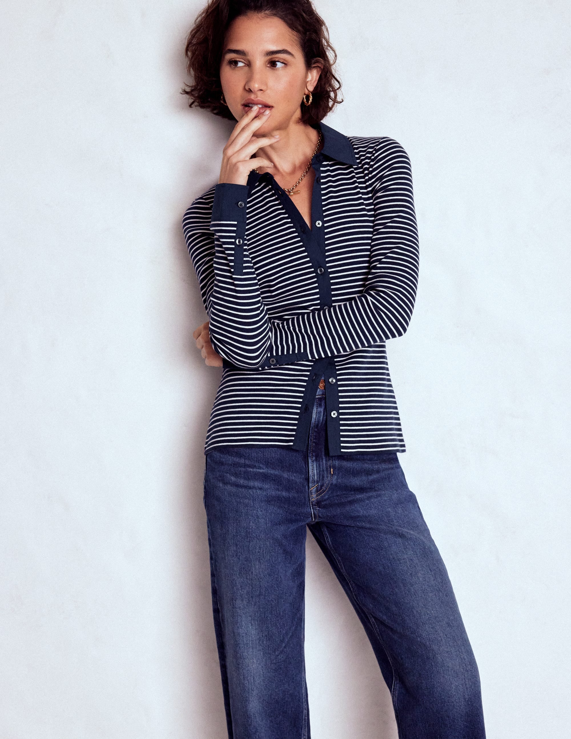 Collared Button Through Top-Navy and Ivory Stripe | Boden UK