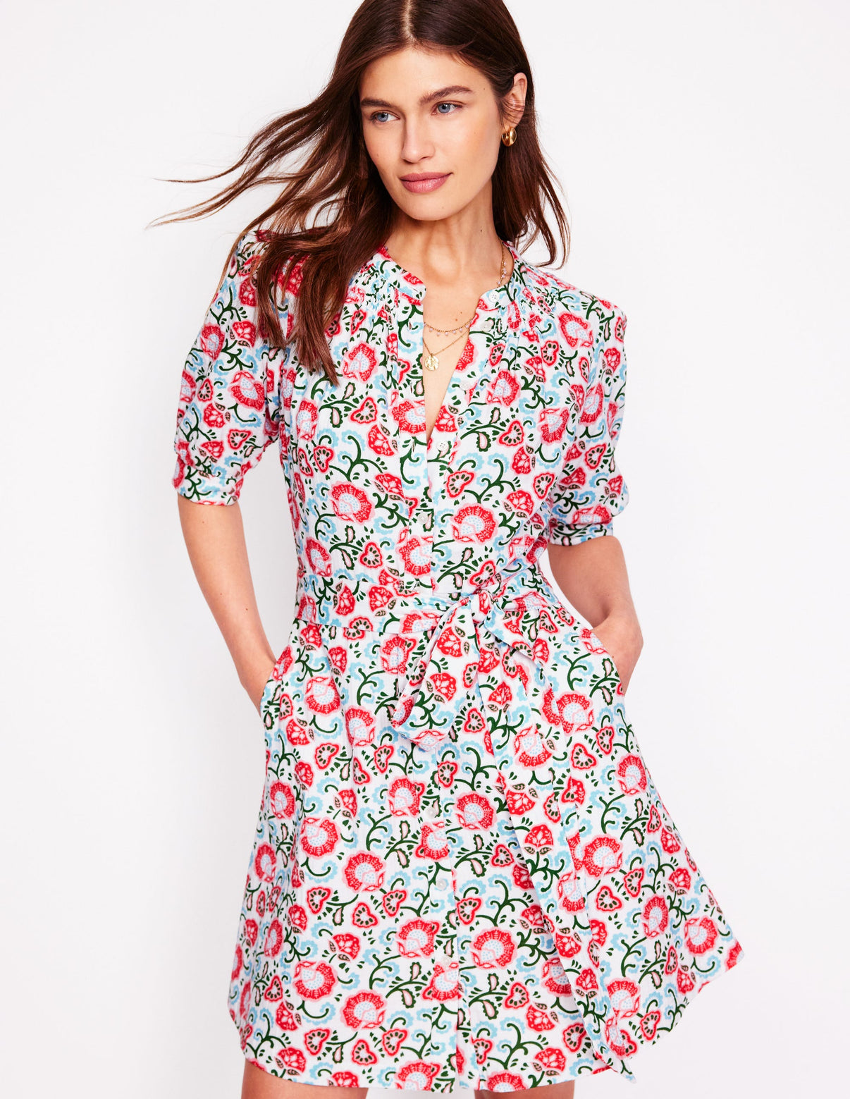 Ada Double Cloth Short Dress-Ivory, Garden Vine | Boden UK