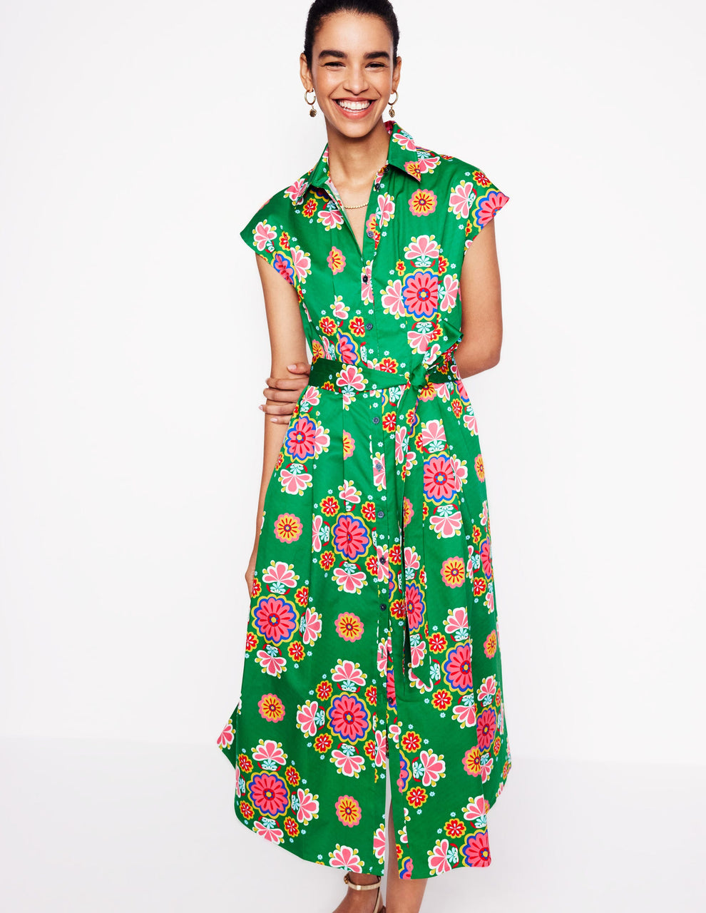 Rachel Cotton Midi Shirt Dress-Rich Emerald, Meadow Posy | Boden UK