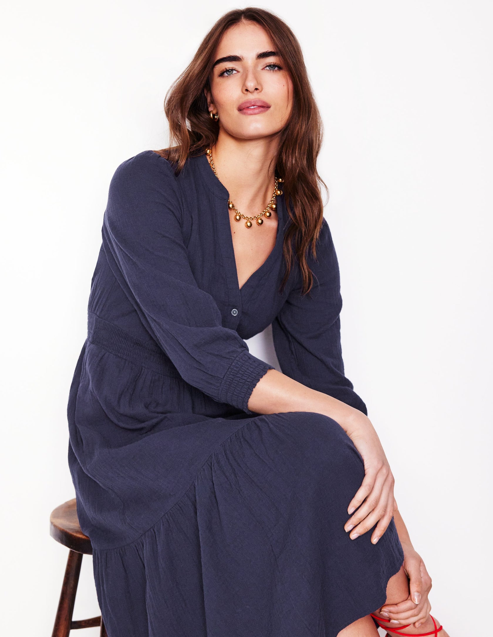 Elena Double Cloth Midi Dress-Navy | Boden UK