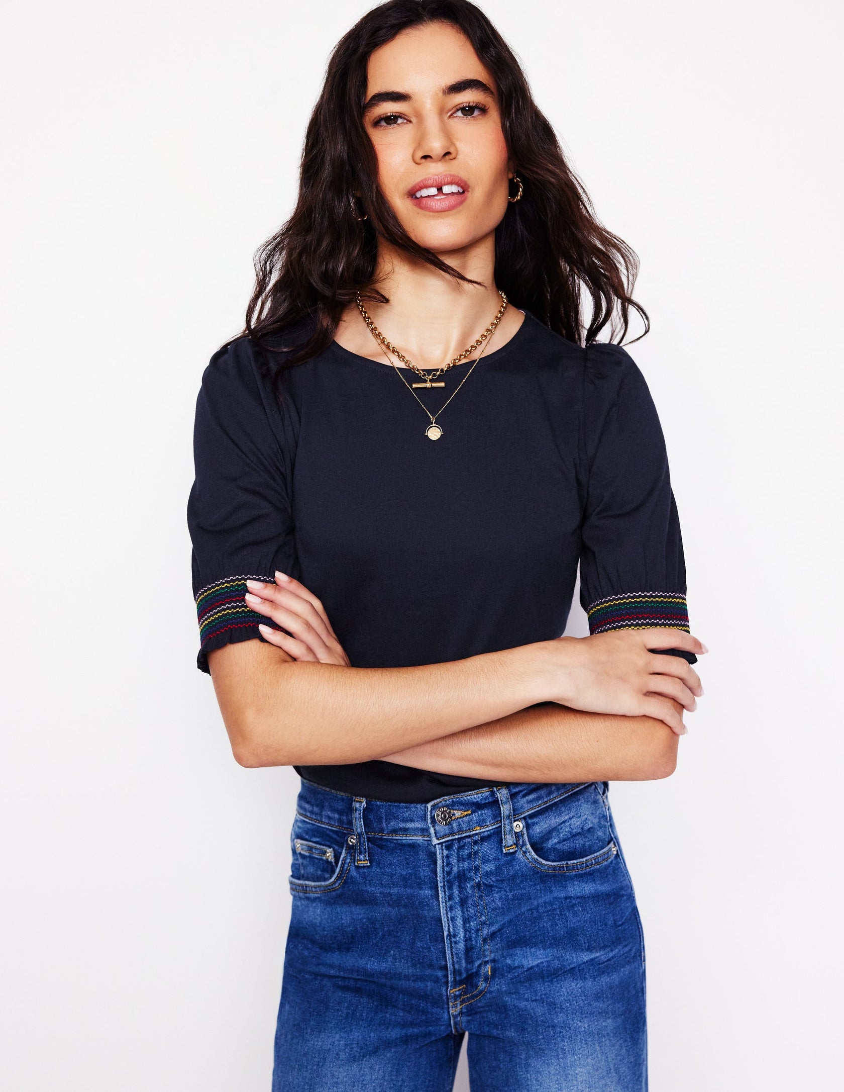 Short Sleeve Smocked Cuff Top-Navy | Boden UK