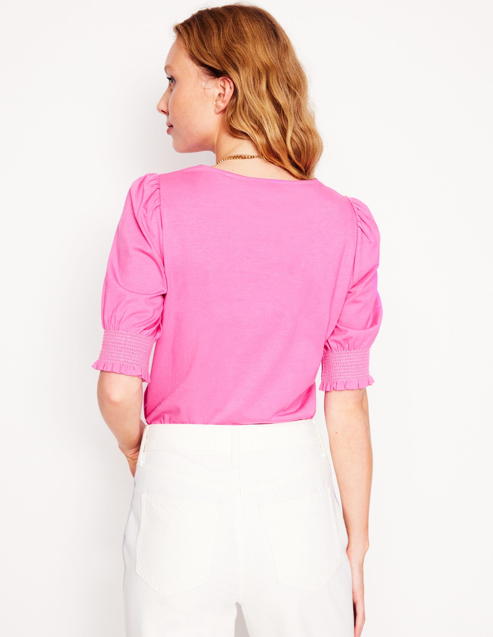 Short Sleeve Smocked Cuff Top-Tickled Pink | Boden UK