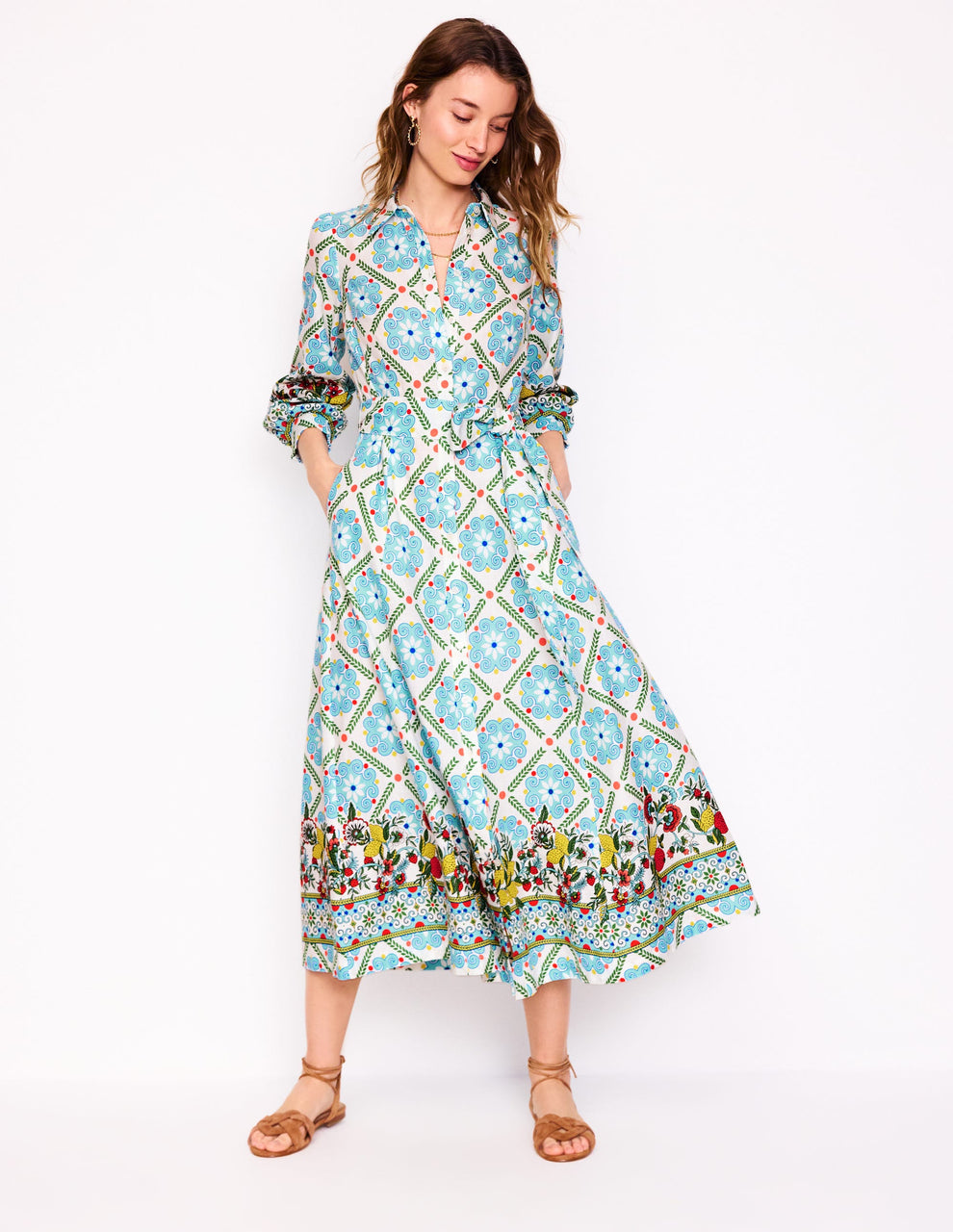 Clara Linen Blend Shirt Dress-Multi, Citrus Vine Tile | Boden UK
