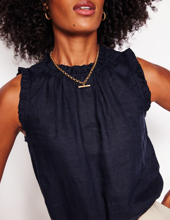 Sophie Ruffle Linen Top-Navy | Boden UK