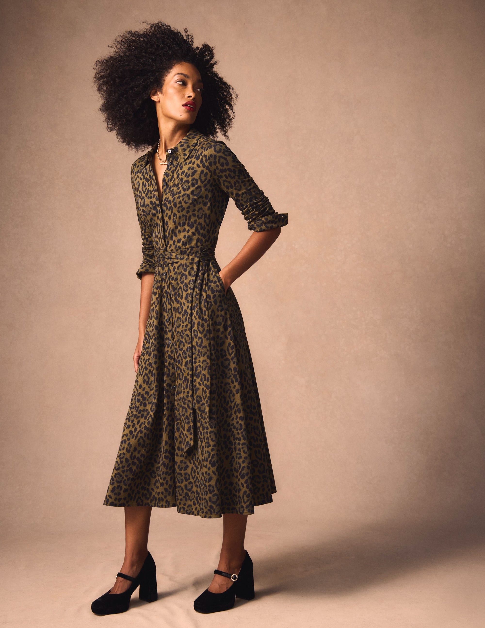 Marcia Jersey Shirt Dress - Military Olive, Brushed Animal | Boden UK
