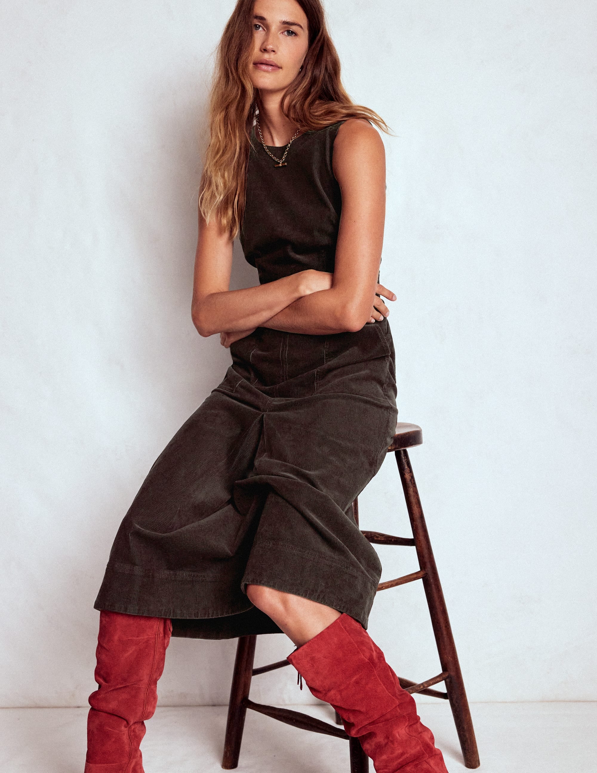 Ula Box Pleat Cord Midi Dress-Espresso | Boden UK