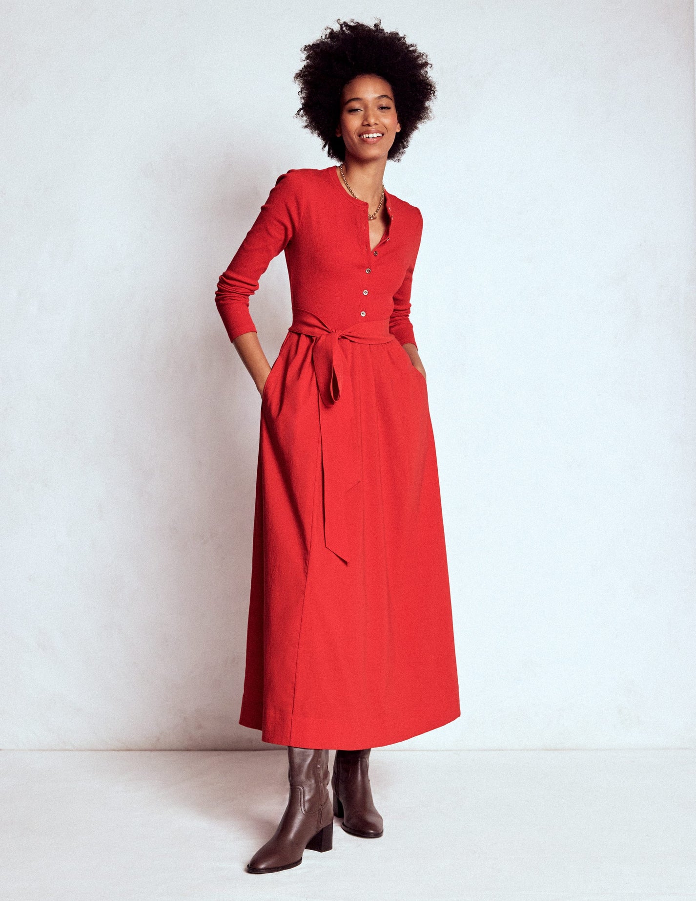 Button Detail Mix Dress-Crimson Red | Boden UK