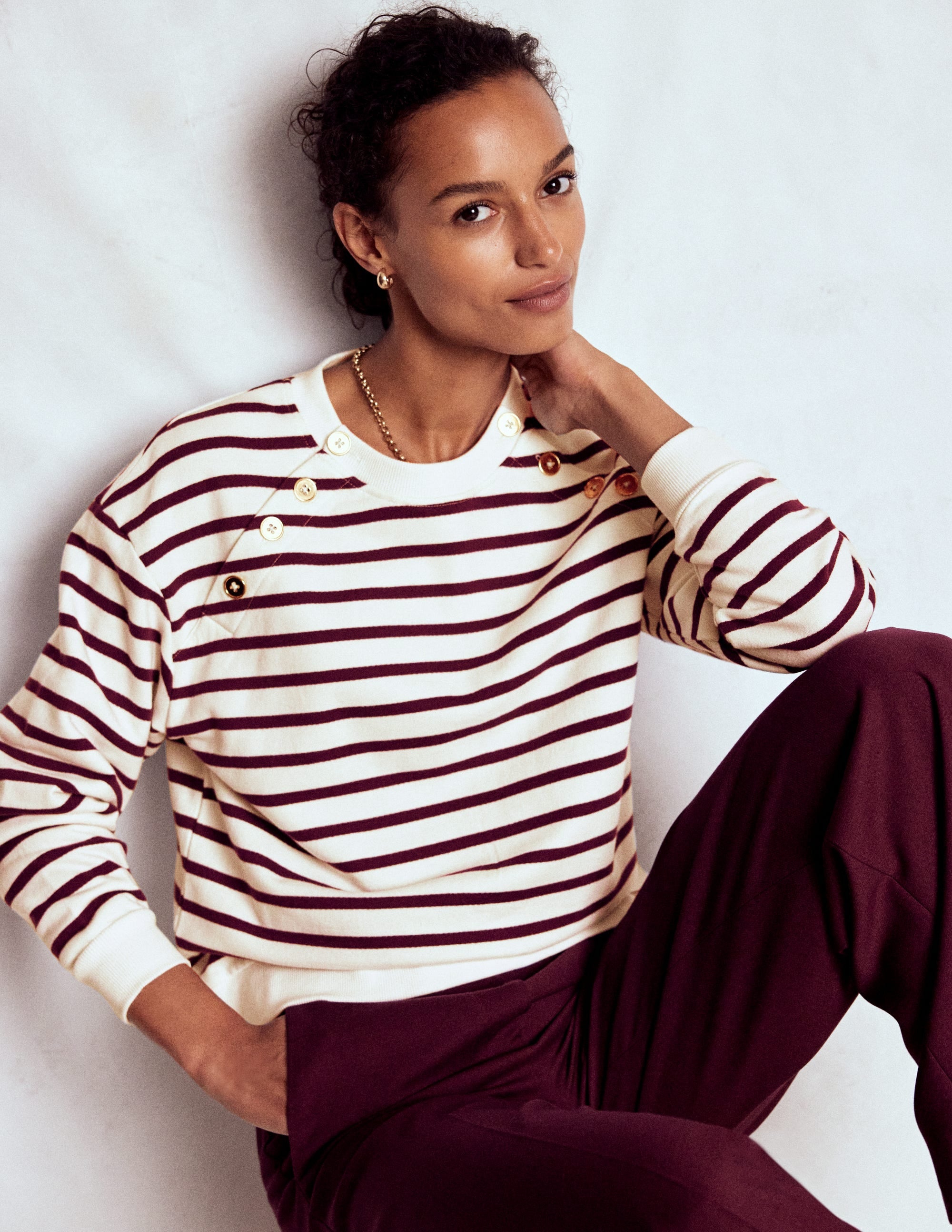 Button Detail Sweatshirt-Deep Wisteria, Ivory | Boden UK