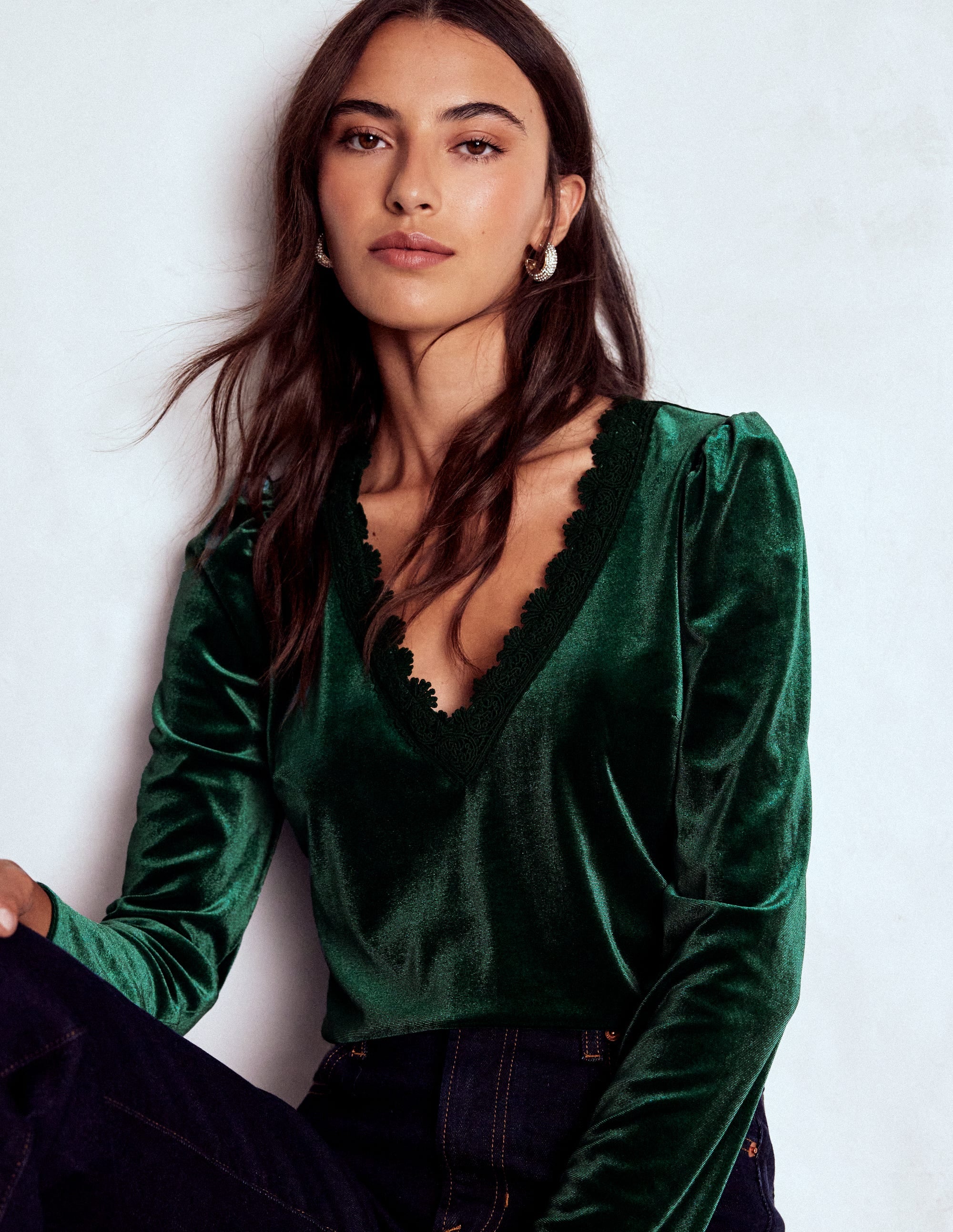 Flora V-Neck Velvet Top-Emerald Night | Boden UK