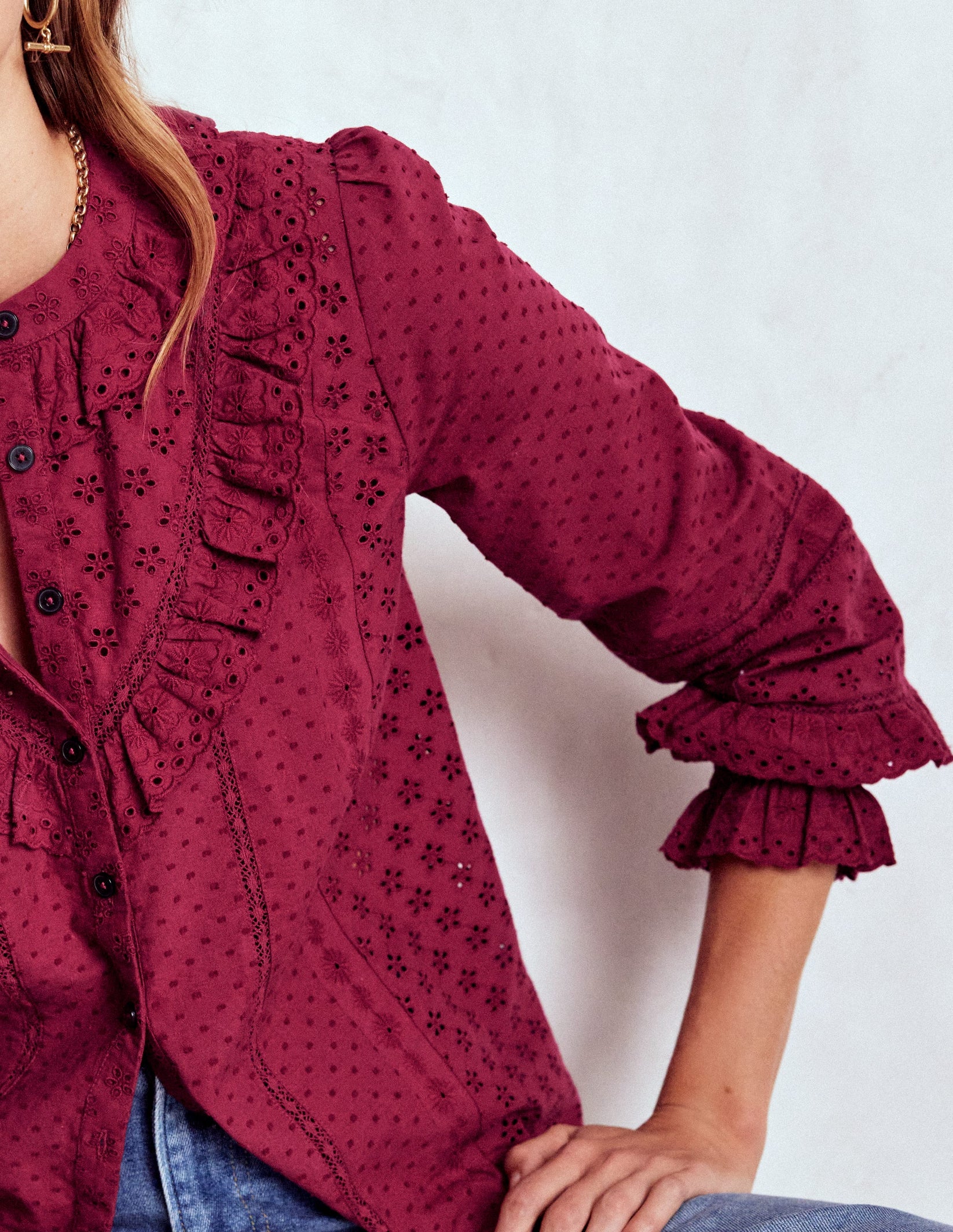 Broderie Ruffle Top-Ruby Red | Boden UK