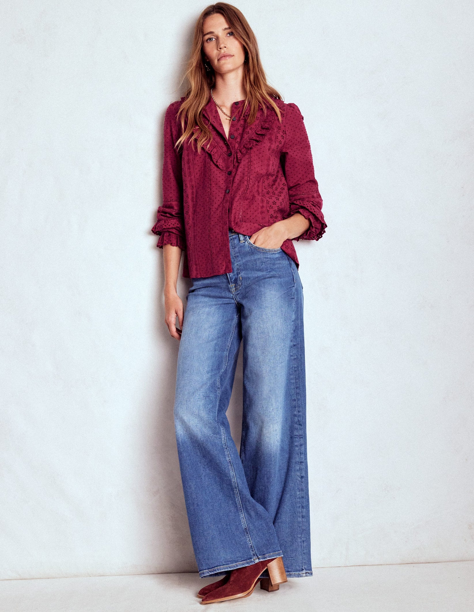 Broderie Ruffle Top-Ruby Red | Boden UK