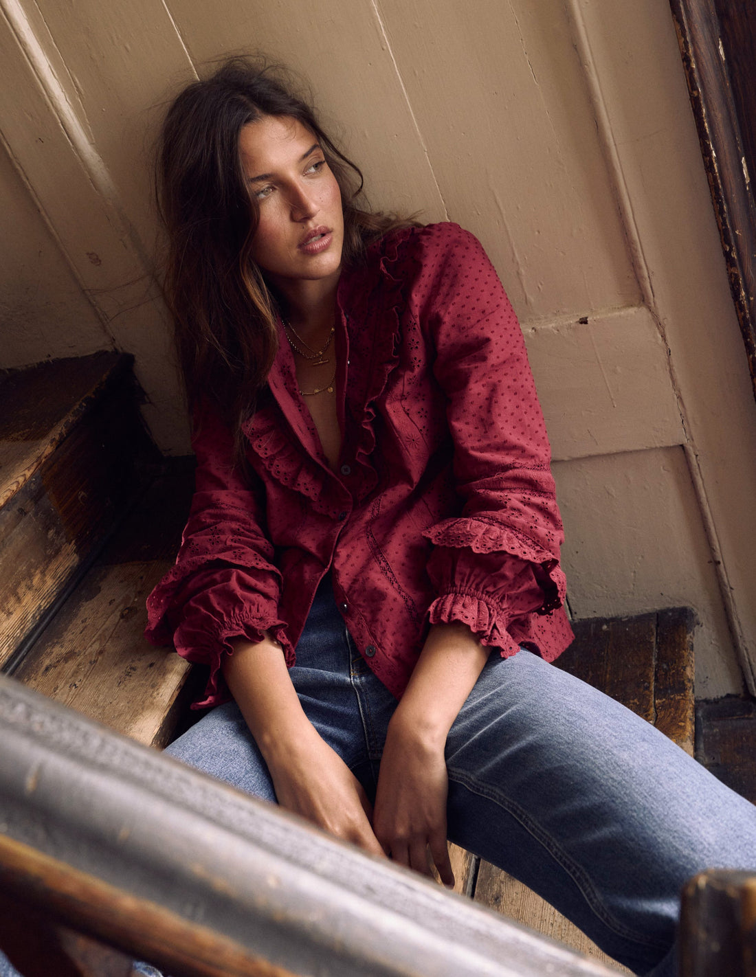 Broderie Ruffle Top-Ruby Red | Boden UK