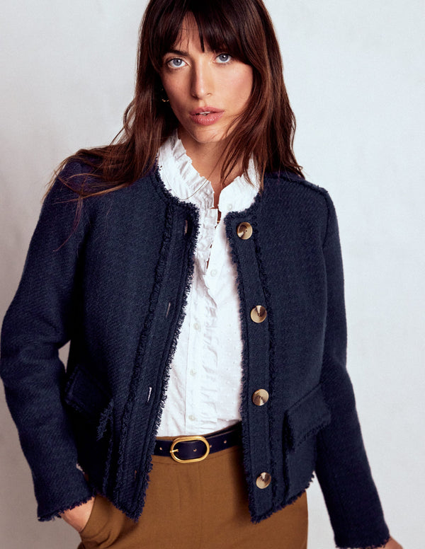 Collarless Textured Jacket - Navy | Boden UK
