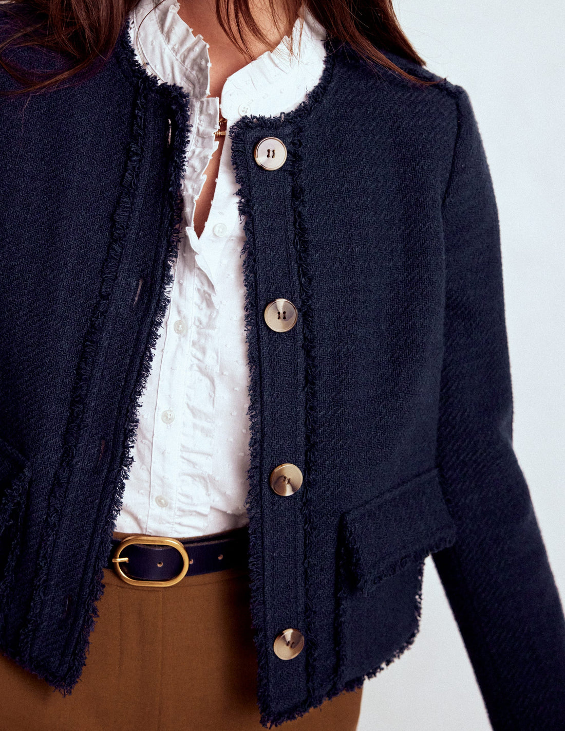 Collarless Textured Jacket - Navy | Boden UK