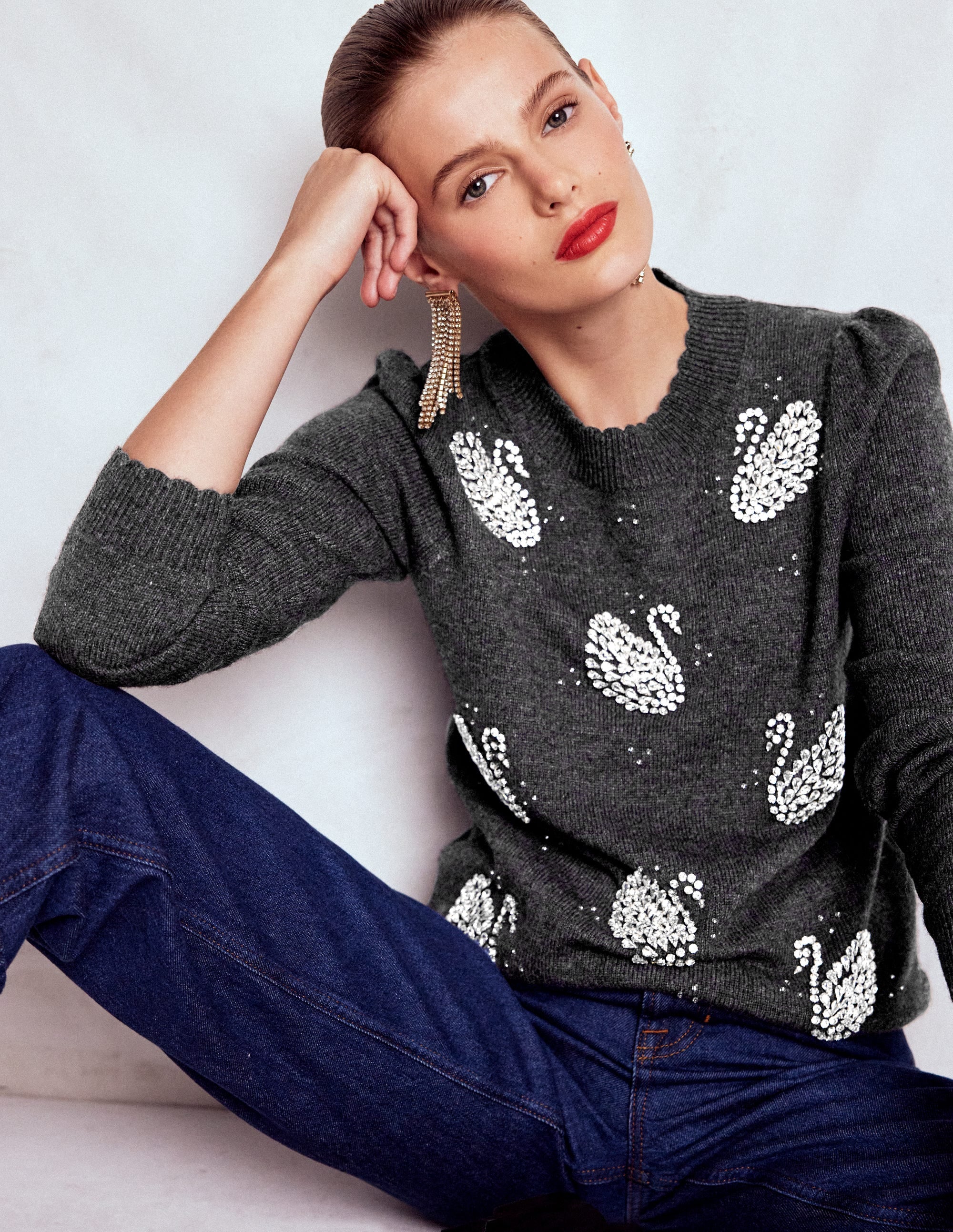 Elizabeth Embellished Jumper-Charcoal Melange Swans | Boden UK