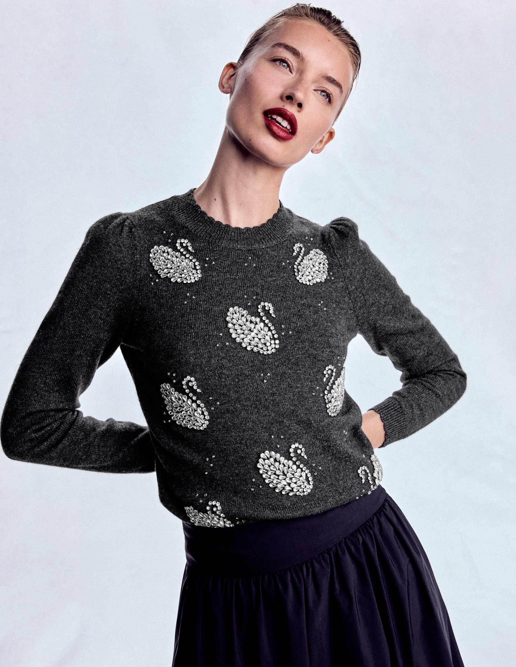 Elizabeth Embellished Jumper-Charcoal Melange Swans | Boden AU