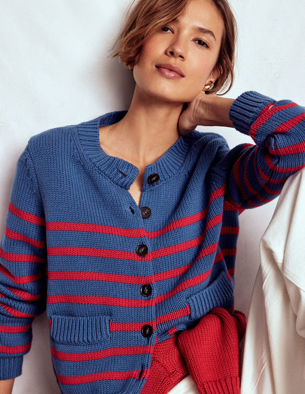 Lucy Chunky Cotton Cardigan-Soft Navy and Red Stripe | Boden UK