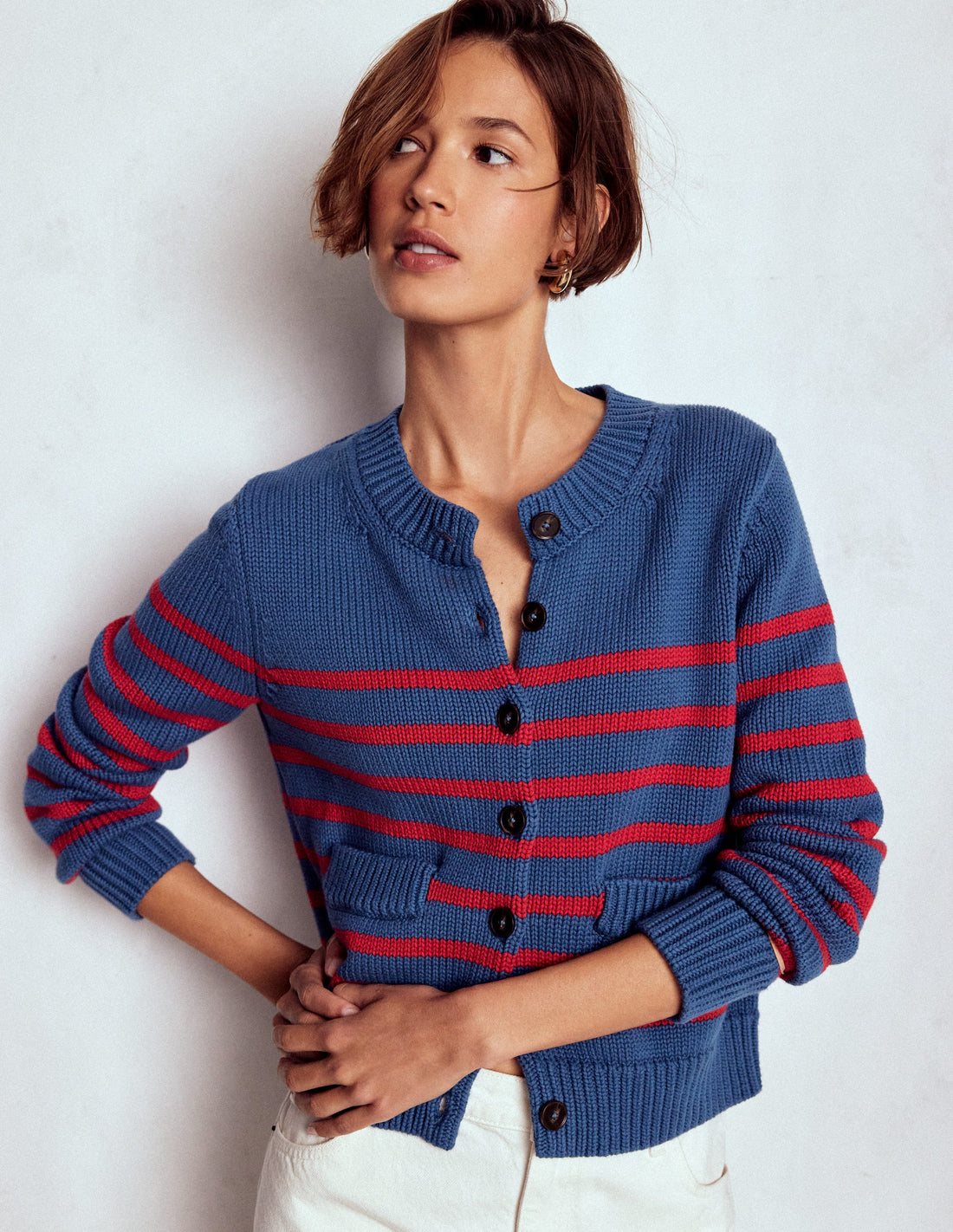 Lucy Chunky Cotton Cardigan-Soft Navy and Red Stripe | Boden UK