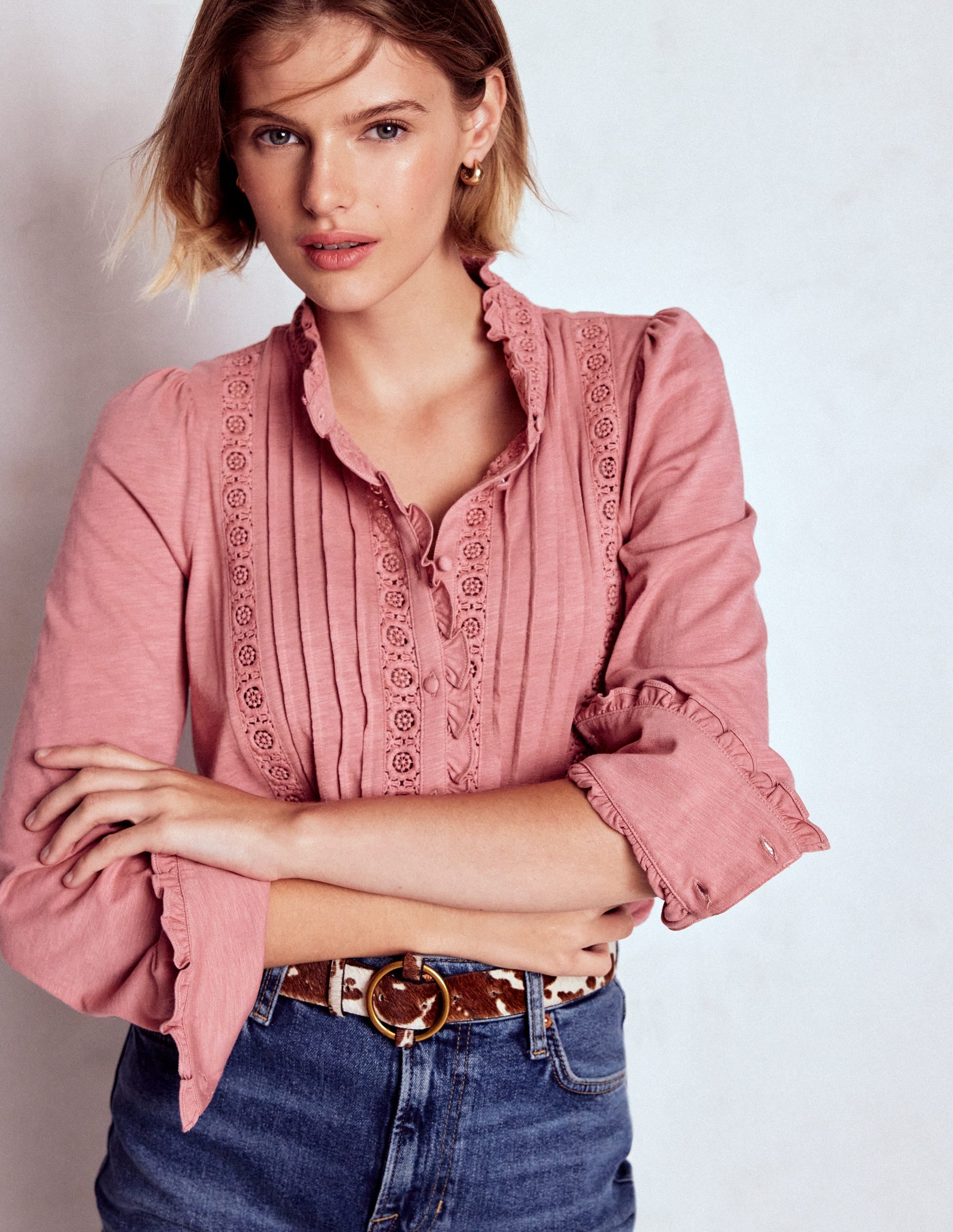 Lace Detail Jersey Shirt-Vintage Rose | Boden UK