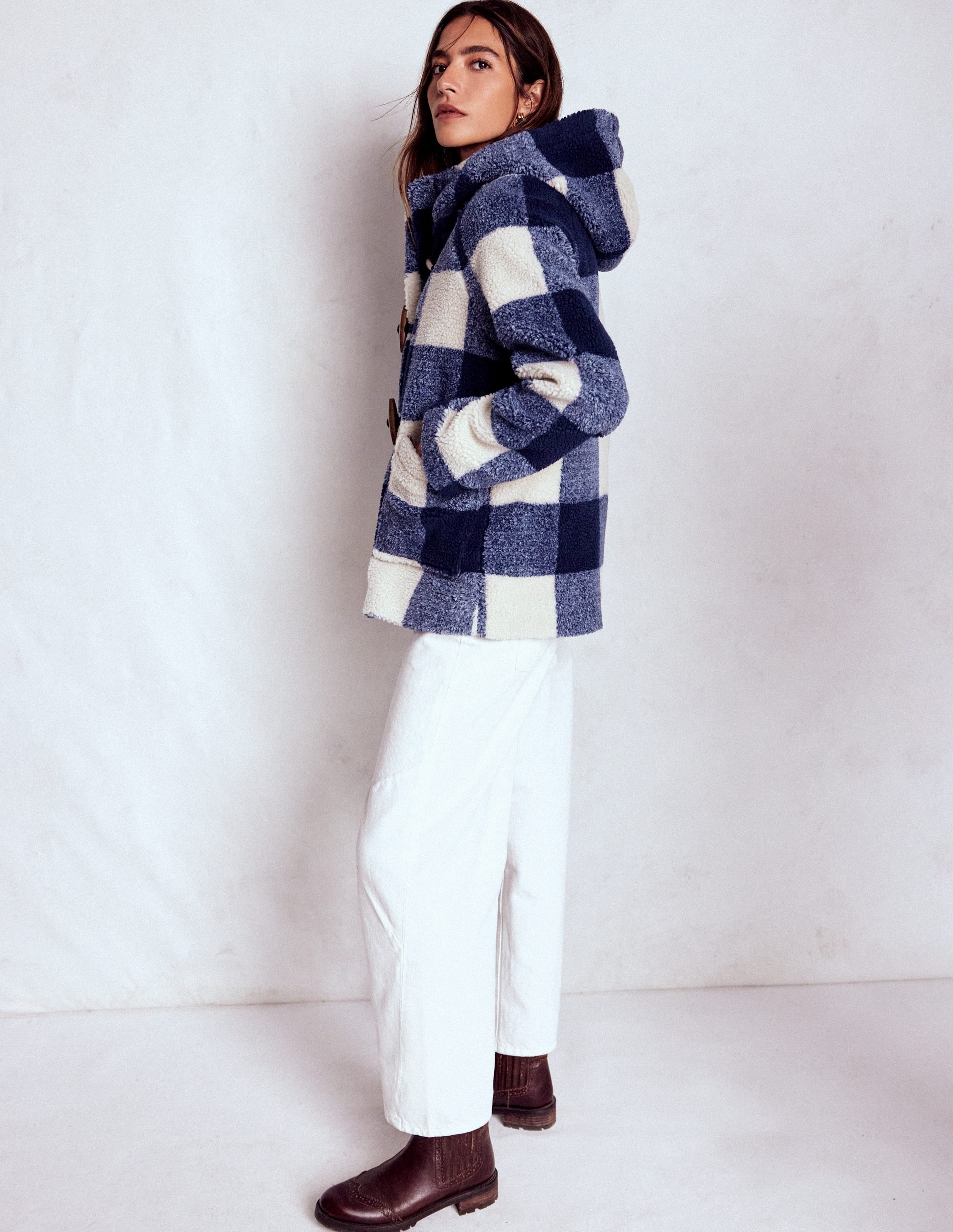 Borg Duffle Coat-College Navy Gingham | Boden AU