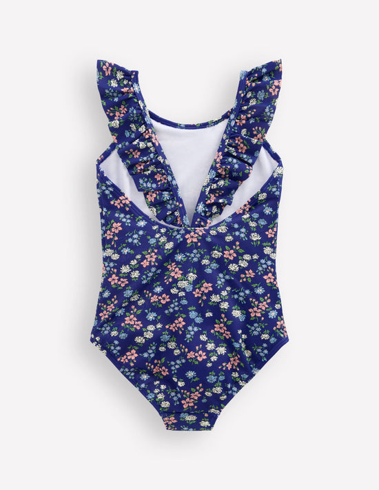 Hallie Frill Strap Swimsuit-Sapphire Blue Meadow Floral | Boden UK