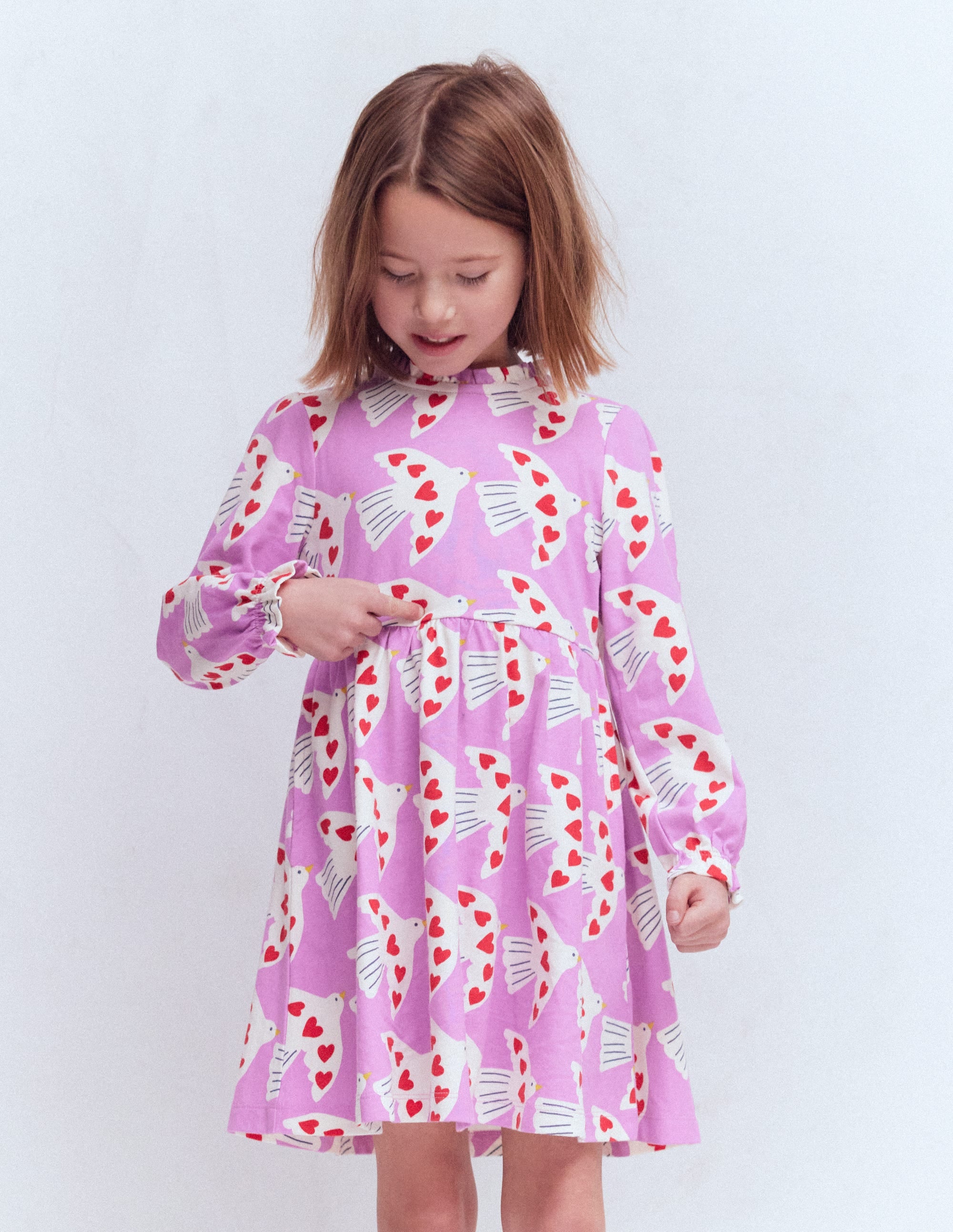 Blouson Sleeve Jersey Dress-Pale Pansy Love Birds | Boden UK