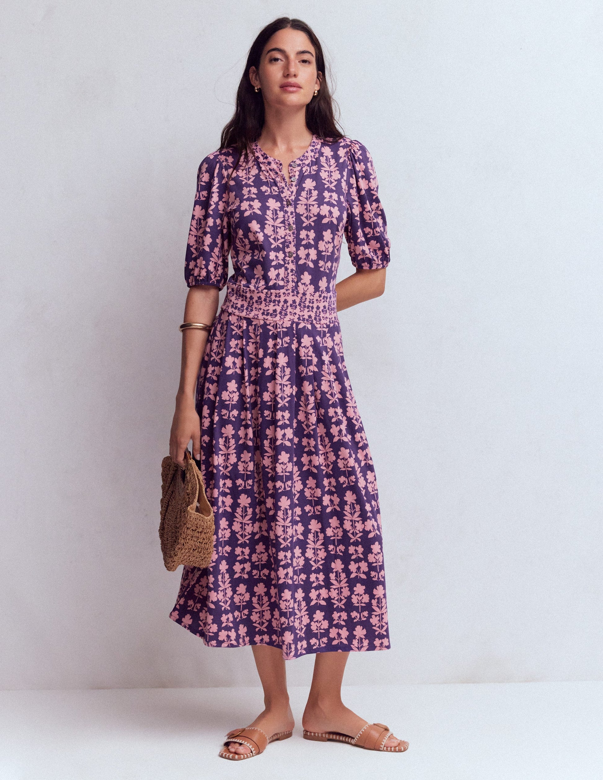 Amber Pleat Jersey Midi Dress-Calla Lilly, Blossom Grove | Boden UK