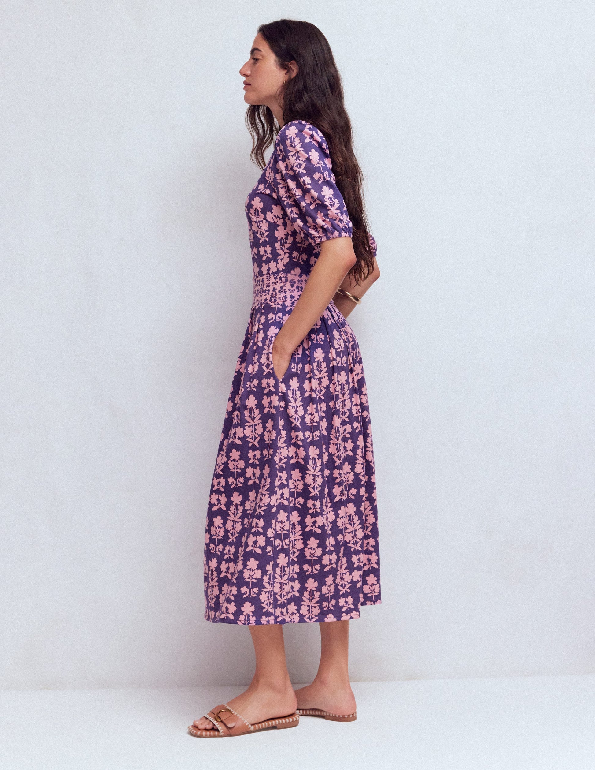Amber Pleat Jersey Midi Dress-Calla Lilly, Blossom Grove | Boden UK