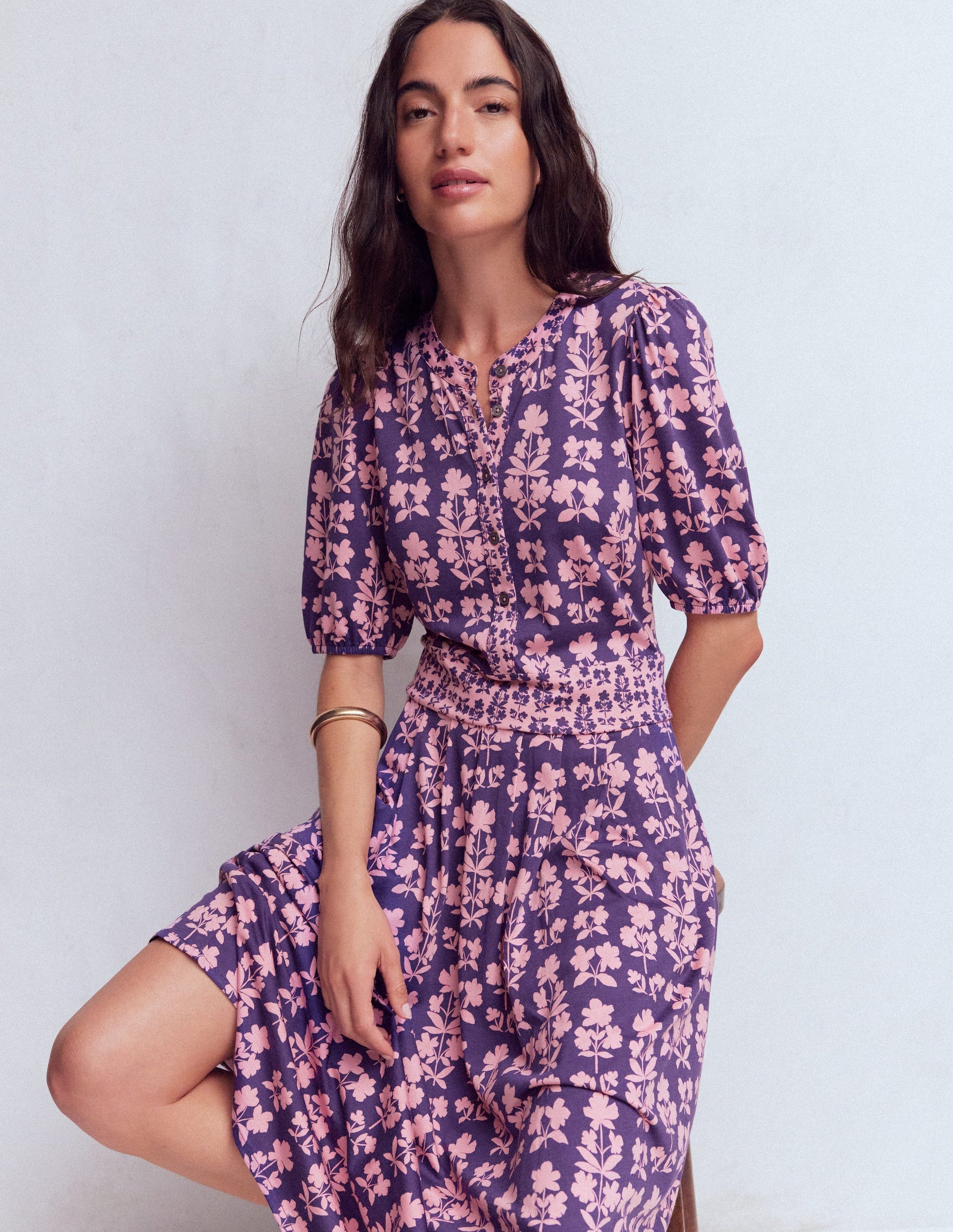 Amber Pleat Jersey Midi Dress-Calla Lilly, Blossom Grove | Boden UK
