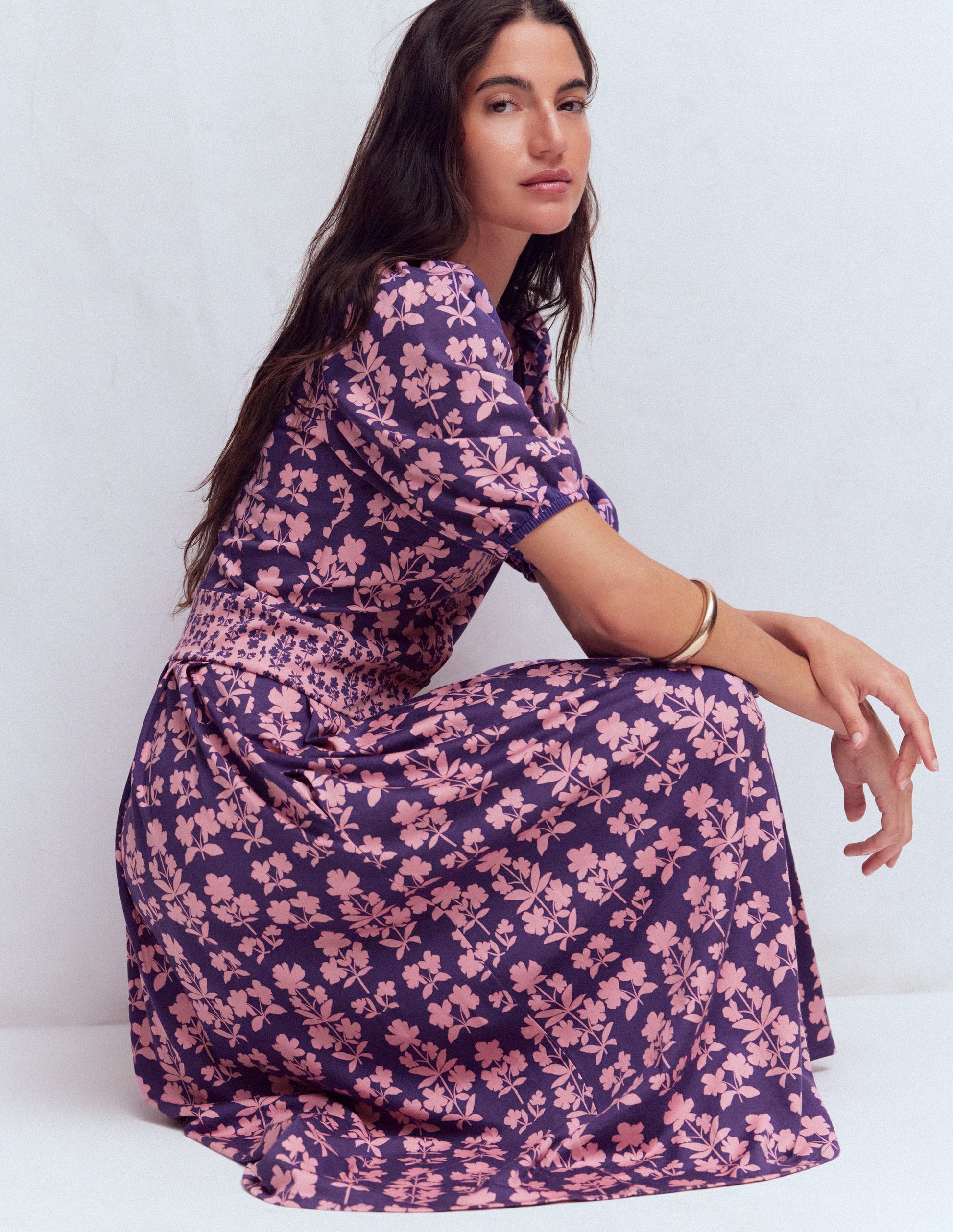 Amber Pleat Jersey Midi Dress-Calla Lilly, Blossom Grove | Boden AU
