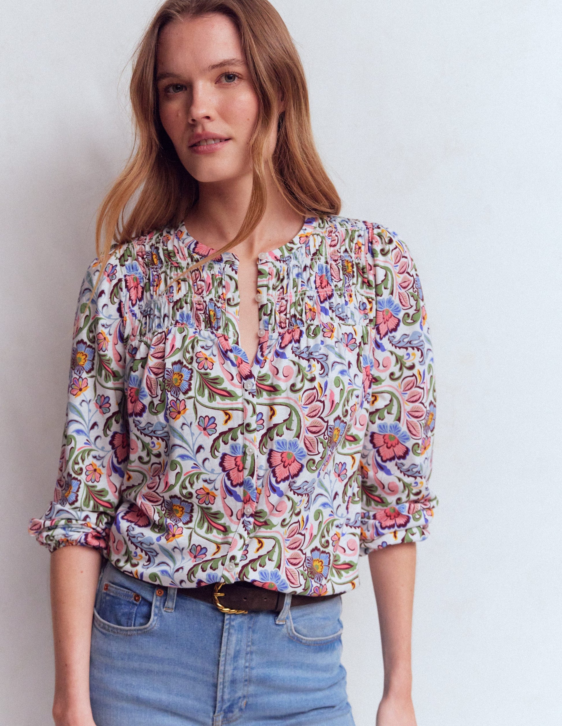 Mya Smocked Jersey Shirt-Multi, Flourishing Meadow | Boden AU