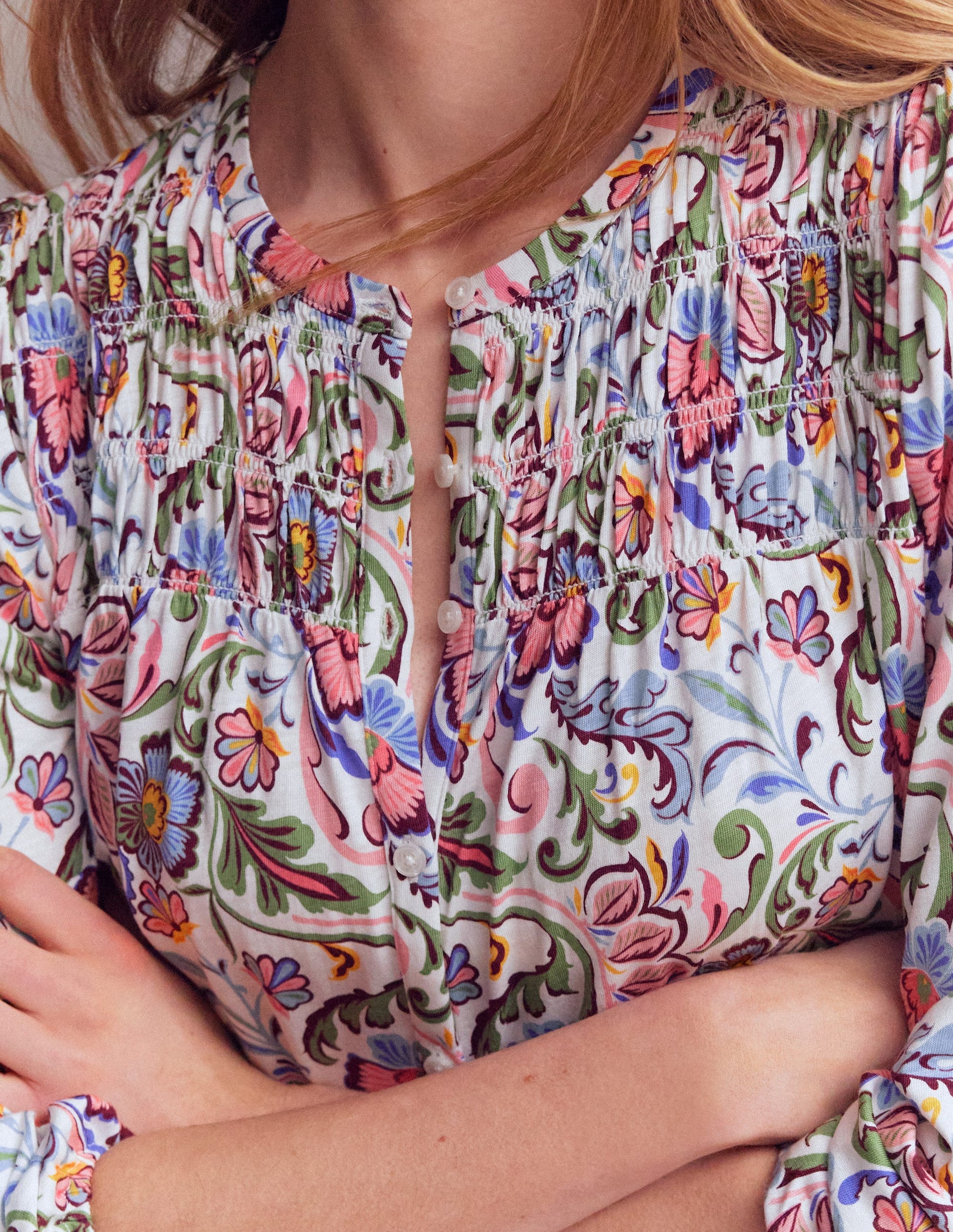 Mya Smocked Jersey Shirt-Multi, Flourishing Meadow | Boden AU