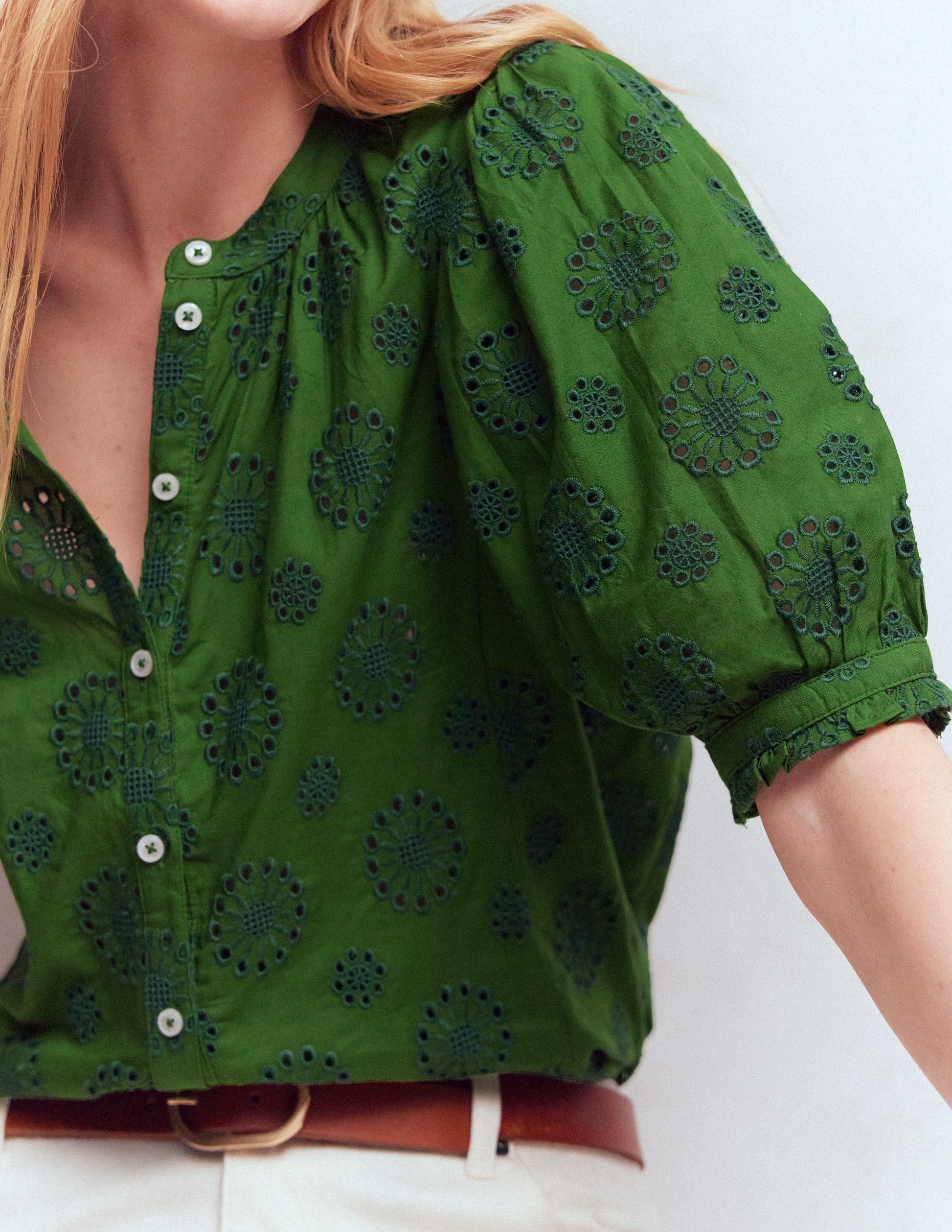 Camille Embroidered Cotton Top-Promenade Green Broderie | Boden UK