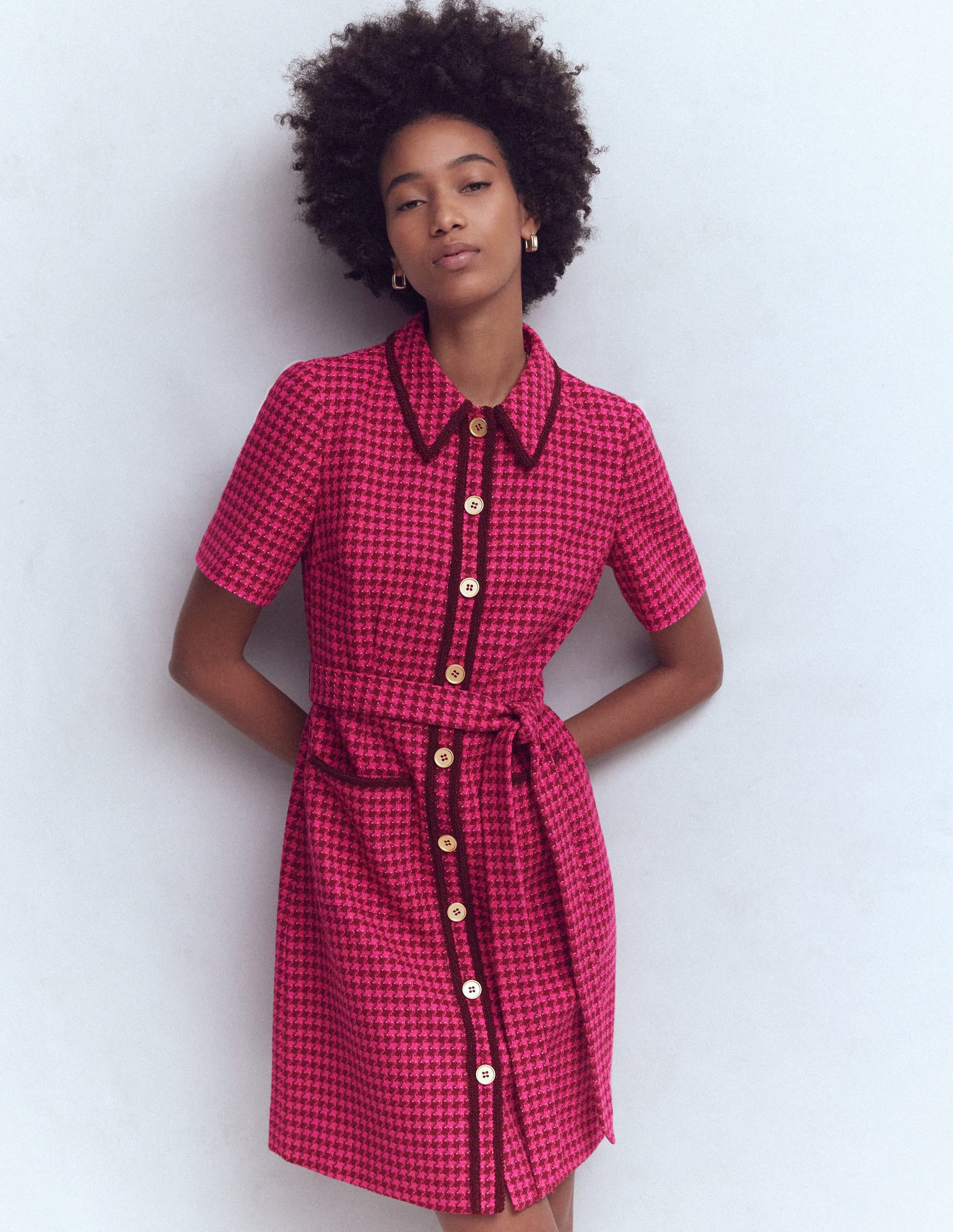 Loren Trim Short Dress-Red & Pink Dogtooth | Boden UK