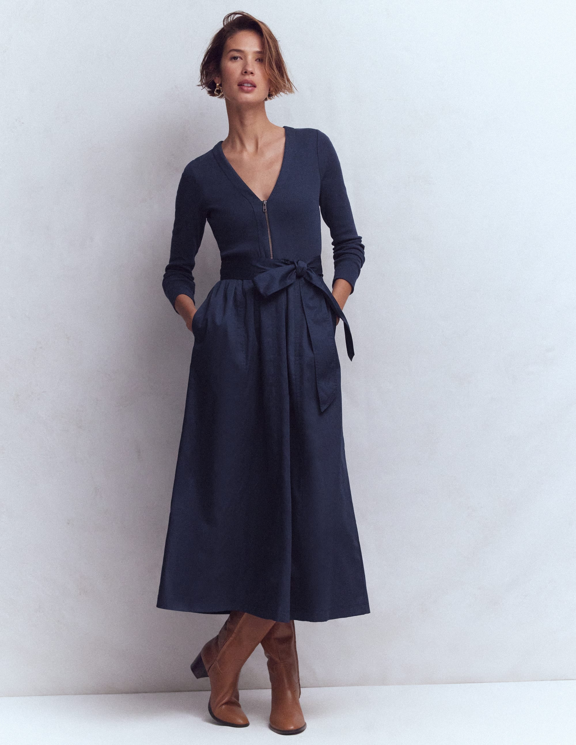 Long Sleeve Mix Media Dress-Navy | Boden UK