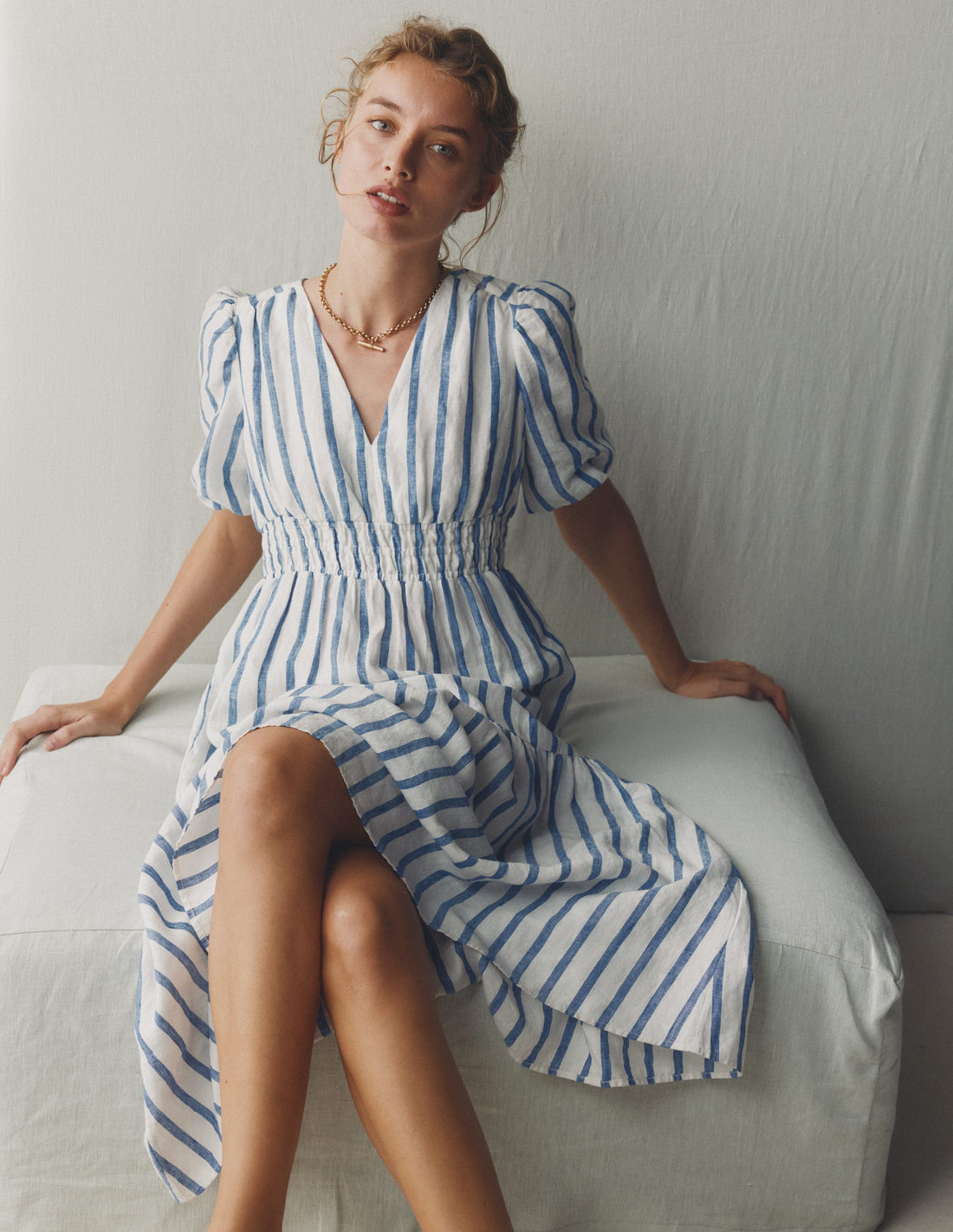 Irene Linen Midi Dress-Blue Stripe | Boden UK