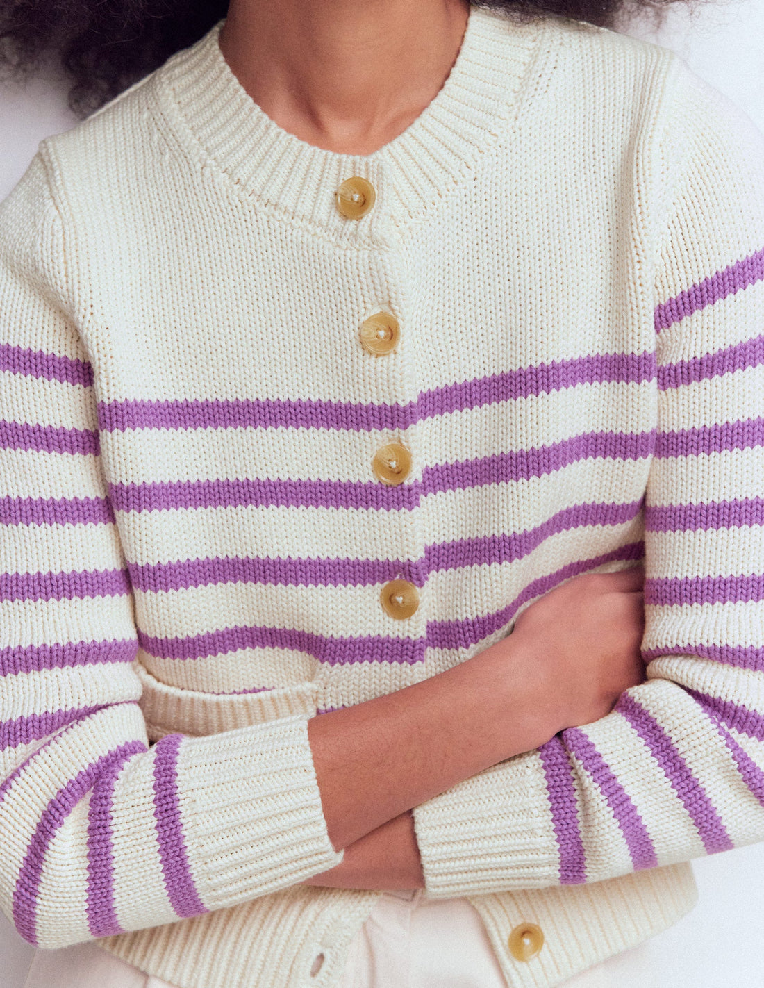 Lucy Chunky Cotton Cardigan-Warm Ivory/ Mulberry Purple | Boden UK
